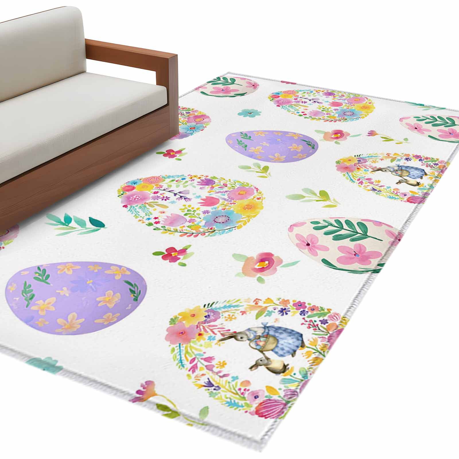 Easter Eggs Washable Area Rug 3 x 5 ft Spring Rabbits Floral Purple ...