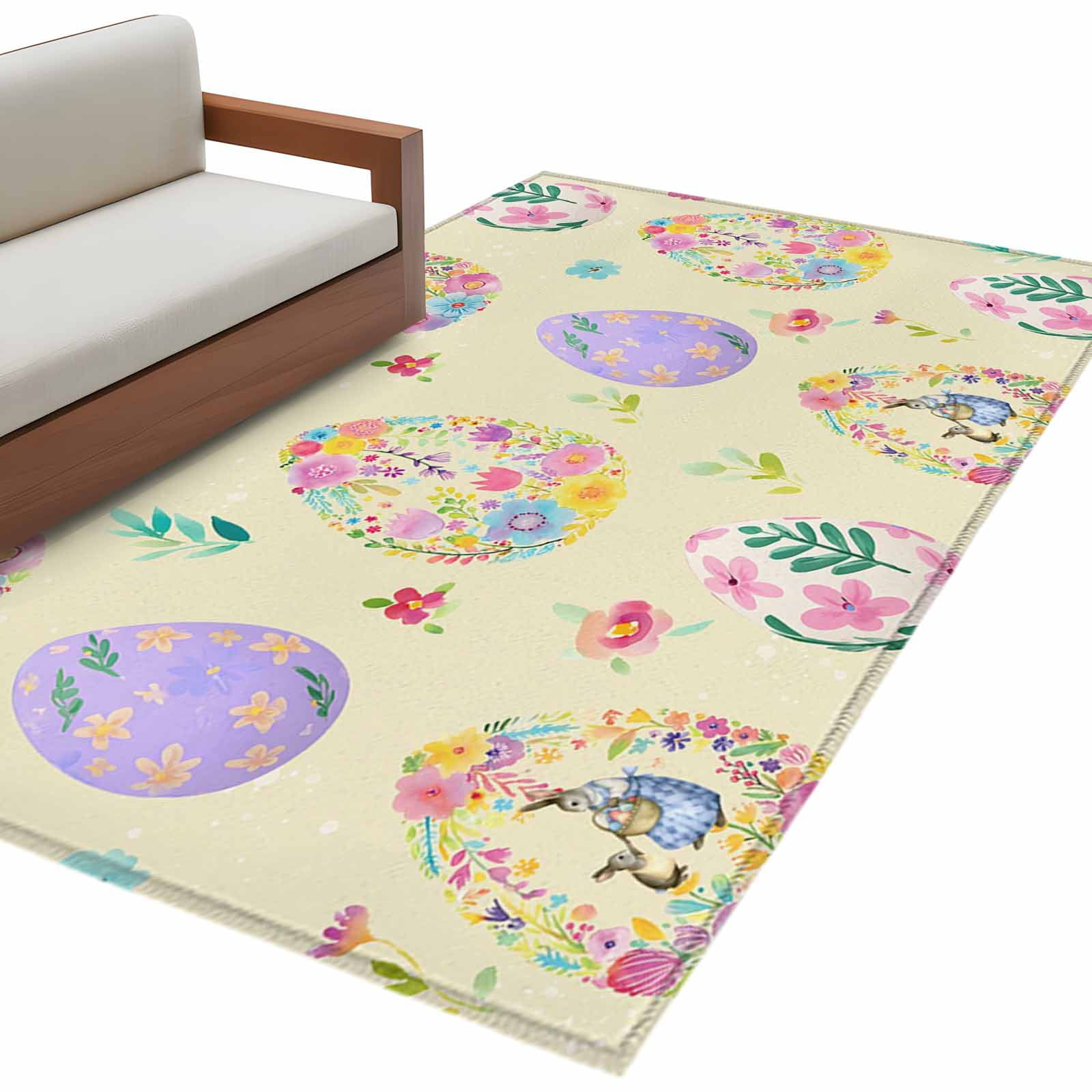 Easter Eggs Washable Area Rug 4 x 6 ft Spring Rabbits Floral Eggs ...