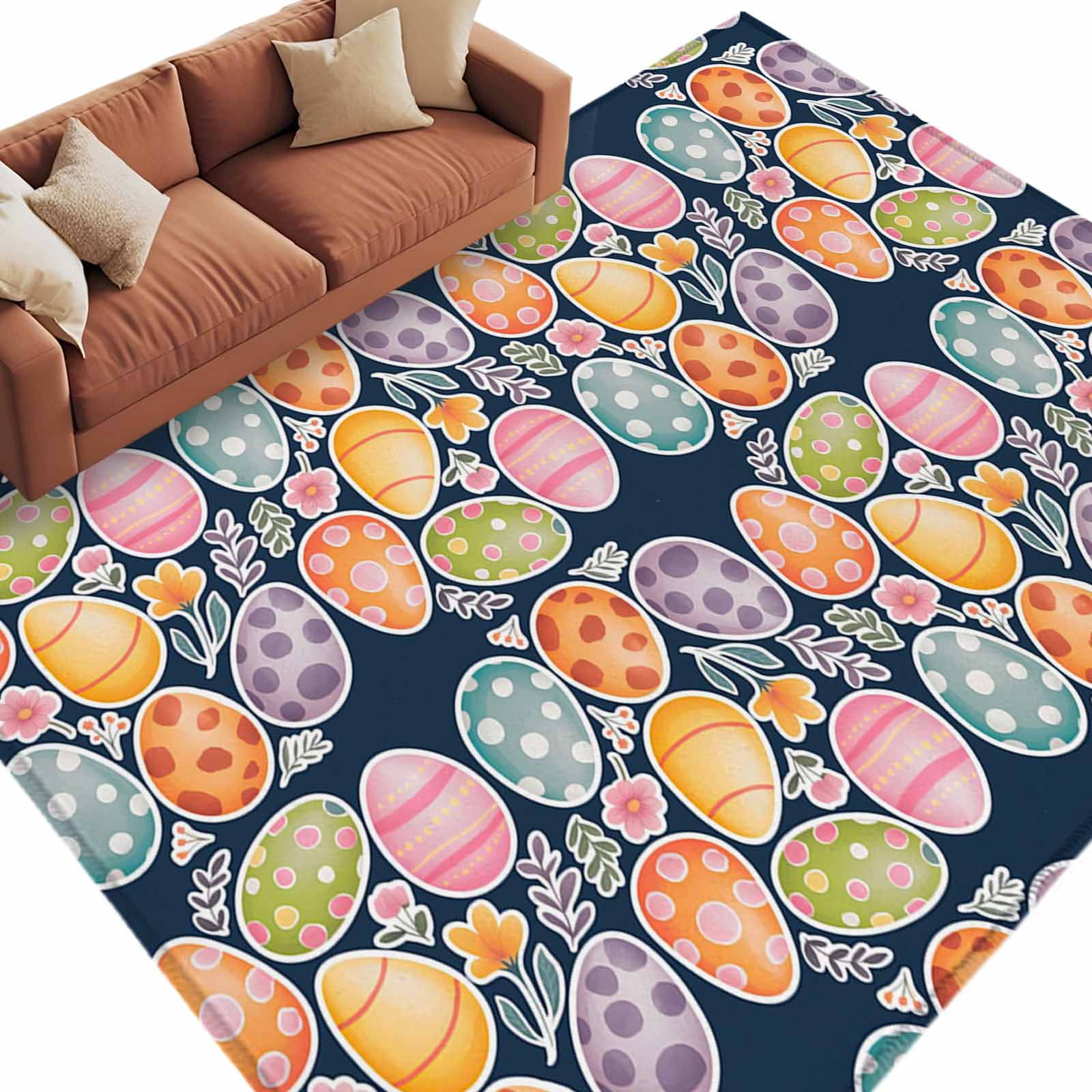 Easter Eggs Washable Area Rug 5 x 7 ft Spring Colored Eggs Floral Dark ...