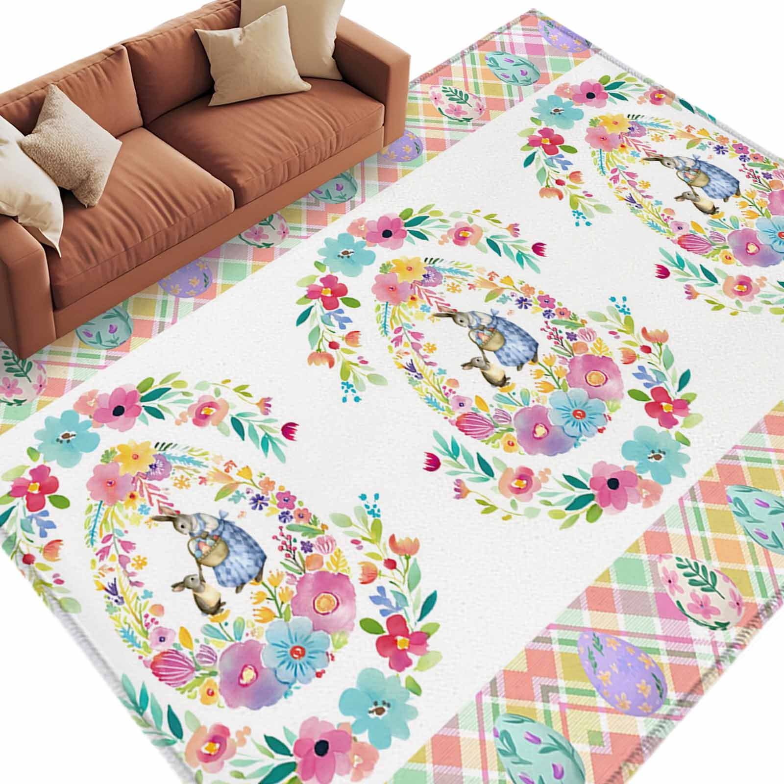 Easter Eggs Washable Area Rug 6 x 9 ft Spring Colorful Floral Eggs ...