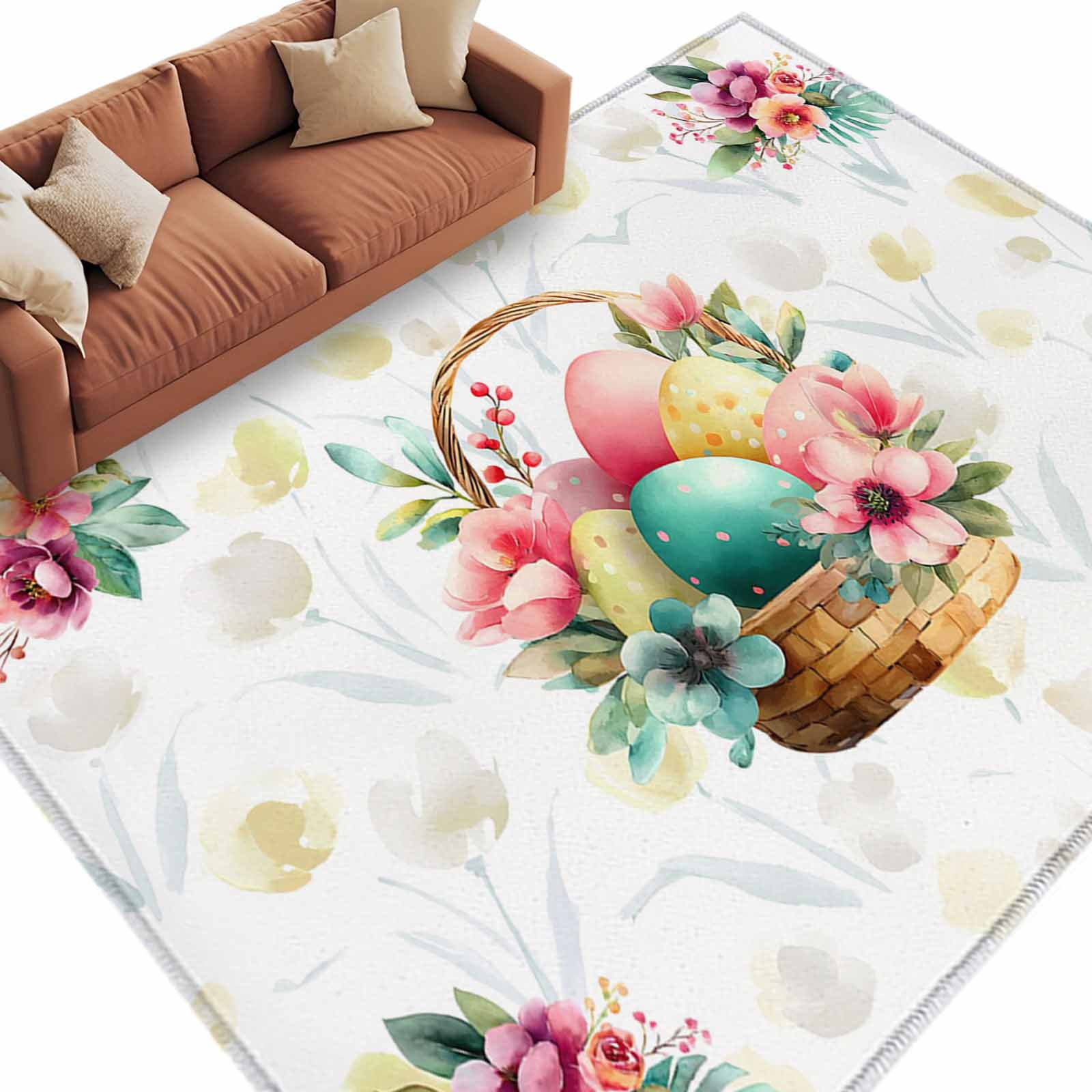 Easter Eggs Washable Area Rug 6 x 9 ft Spring Watercolor Basket Yellow ...