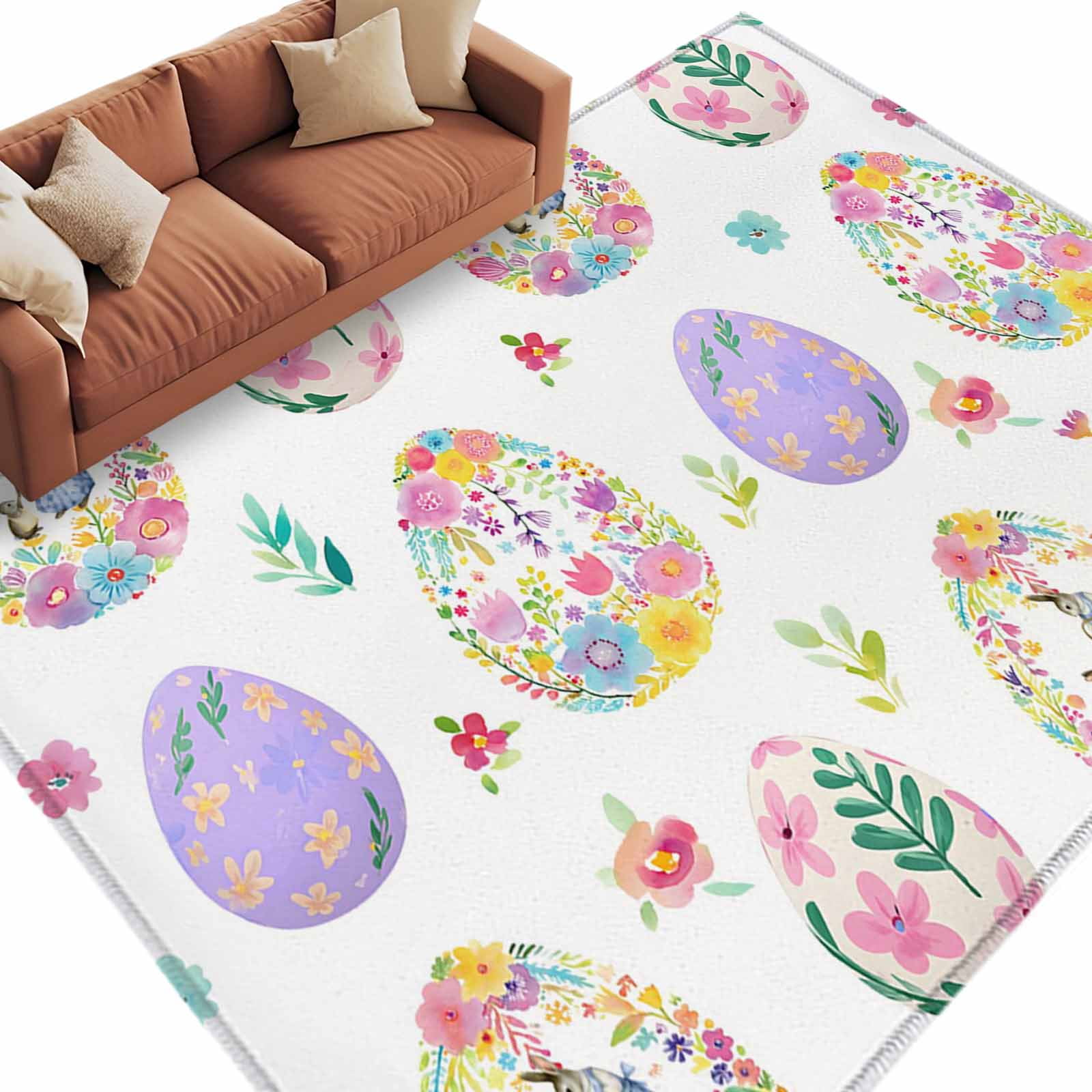 Easter Eggs Washable Area Rug 8 x 10 ft Spring Rabbits Floral Purple ...