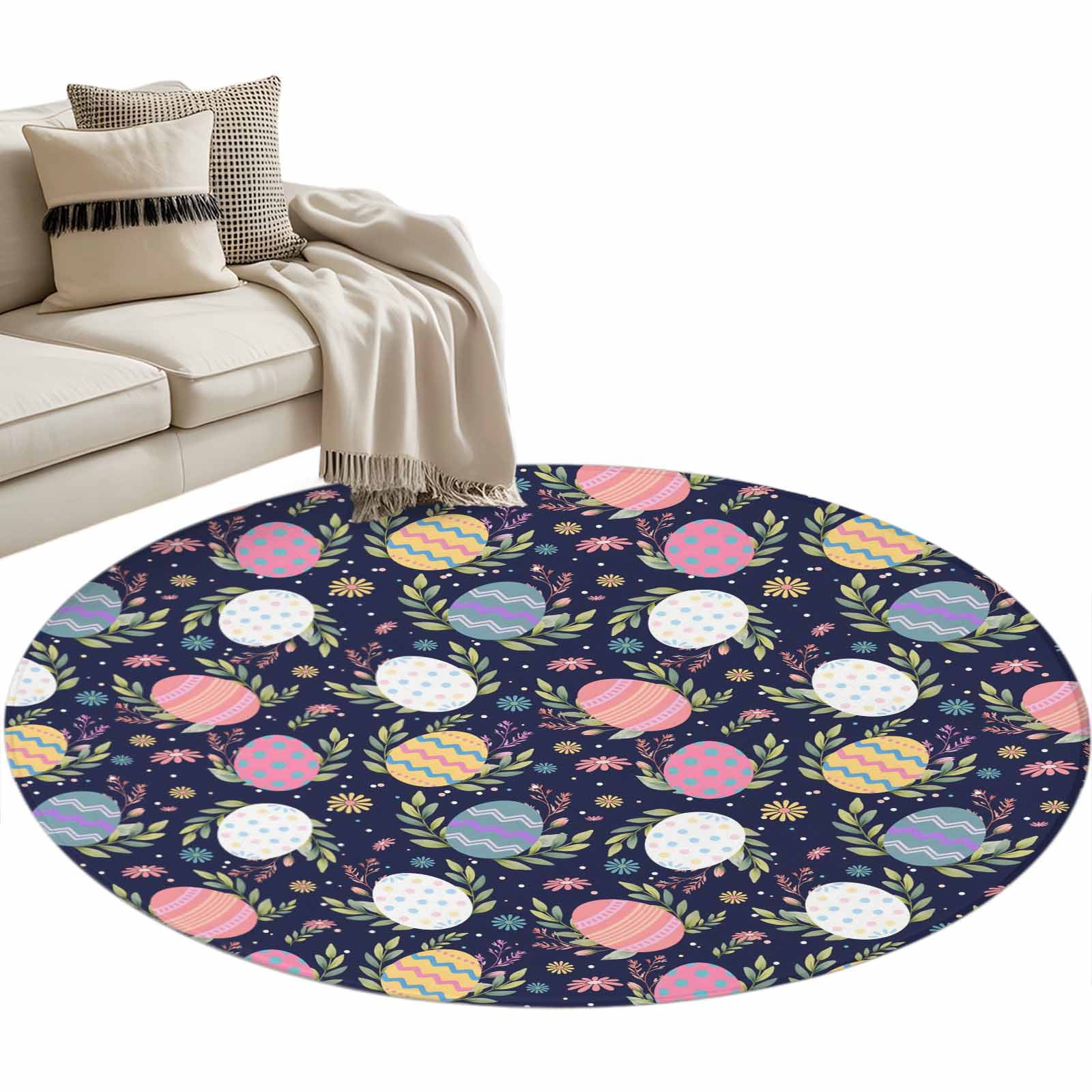Easter Eggs Washable Round Area Rug 3 ft, Spring Pink Blue Yellow White ...