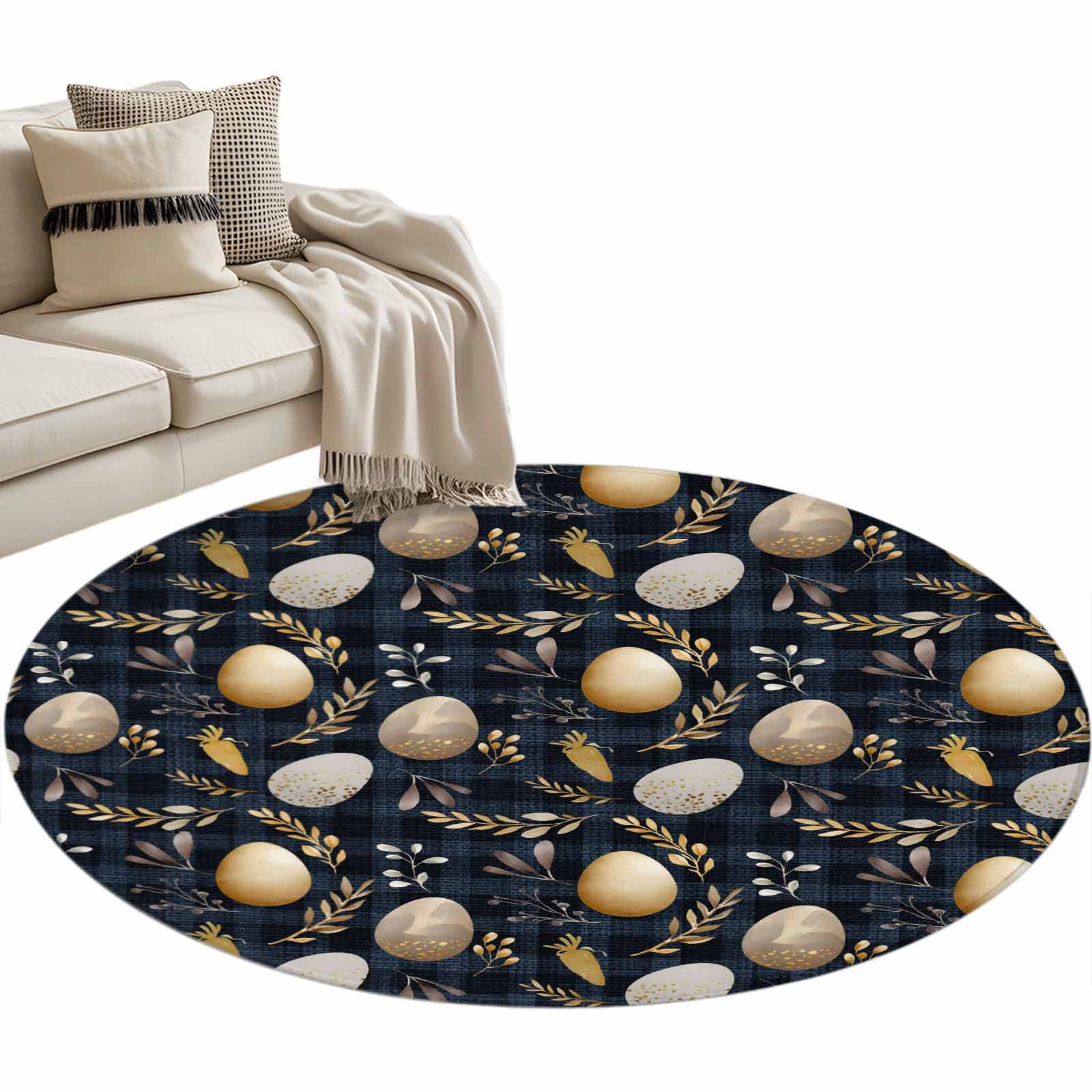Easter Eggs Washable Round Area Rug 4 ft, Spring Gold Silver Eggs Leaf ...