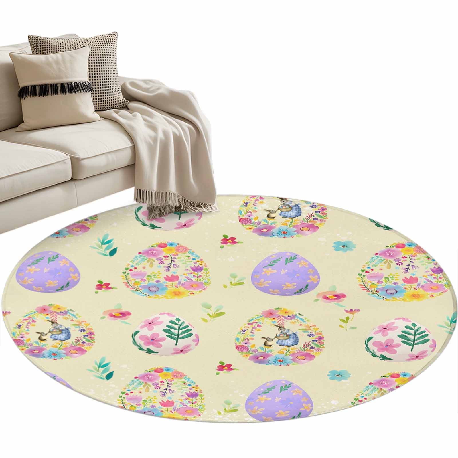 Easter Eggs Washable Round Area Rug 4 ft, Spring Rabbits Floral Eggs ...