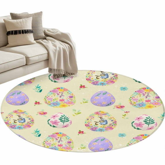 Easter Eggs Washable Round Area Rug 4 ft, Spring Rabbits Floral Eggs ...