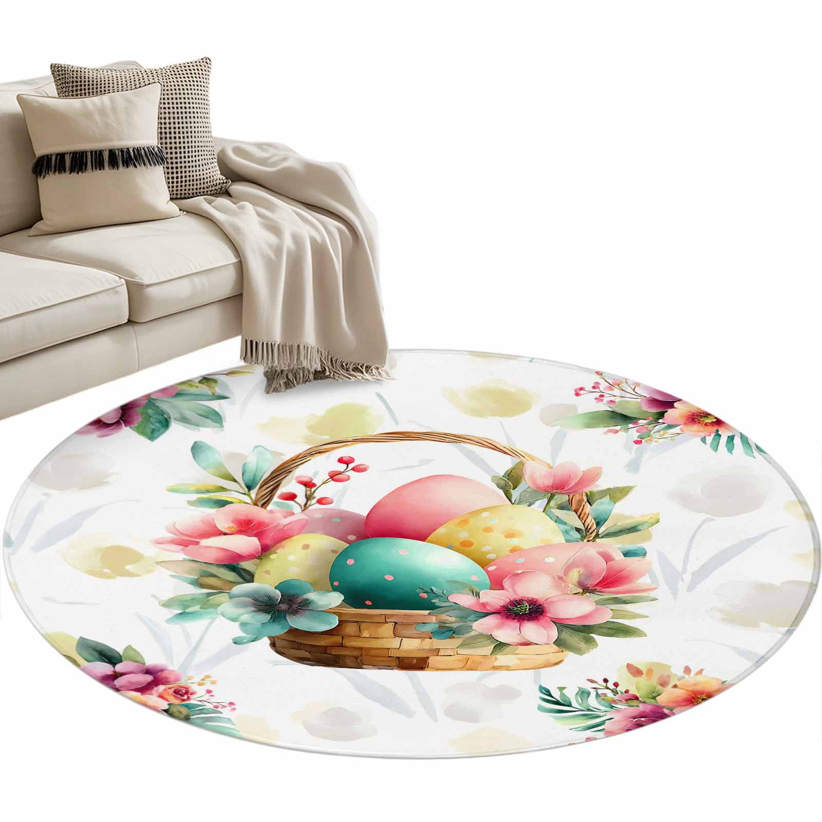 Easter Eggs Washable Round Area Rug 4 ft, Spring Watercolor Basket ...