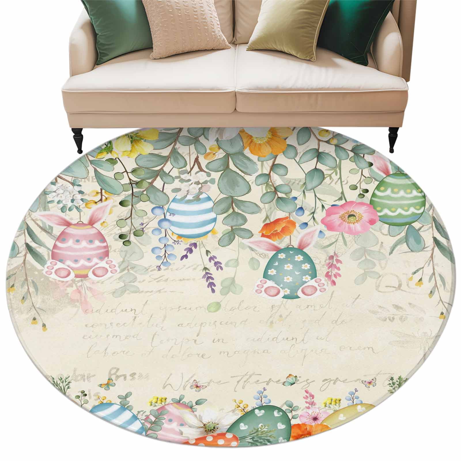 Easter Eggs Washable Round Area Rug 5 ft, Spring Yellow Pink Floral ...