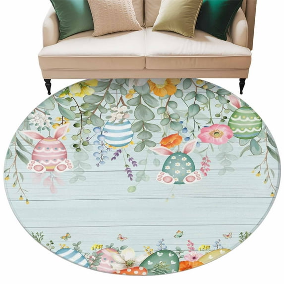 Easter Eggs Washable Round Area Rug 6 ft, Spring Yellow Pink Floral ...