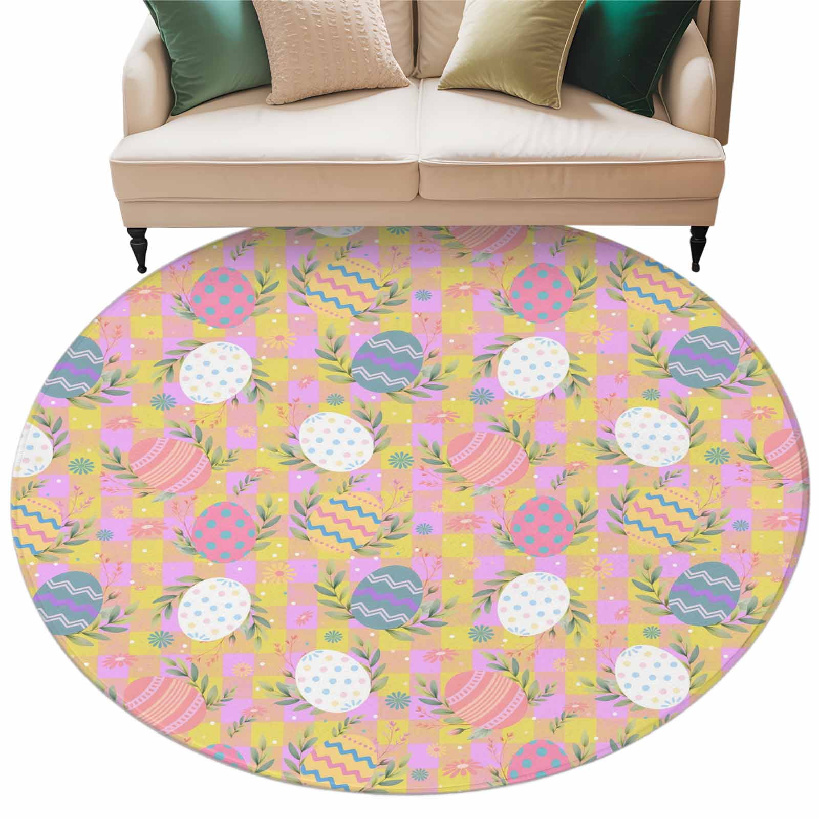 Easter Eggs Washable Round Area Rug 7 ft, Spring Pink Blue Yellow White ...