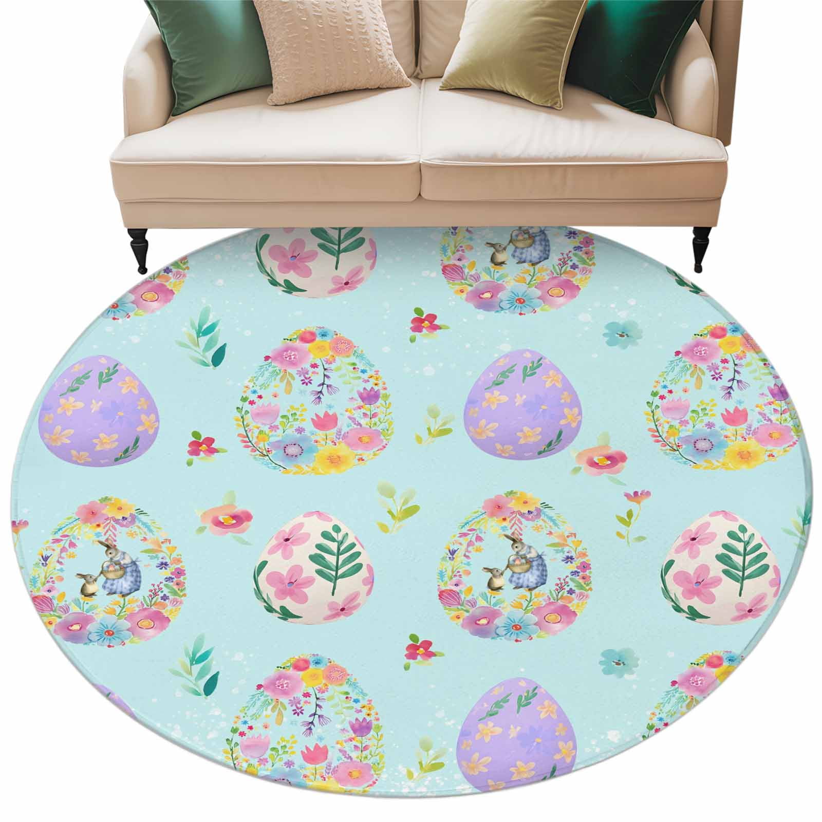 Easter Eggs Washable Round Area Rug 8 ft, Spring Rabbits Floral Eggs ...