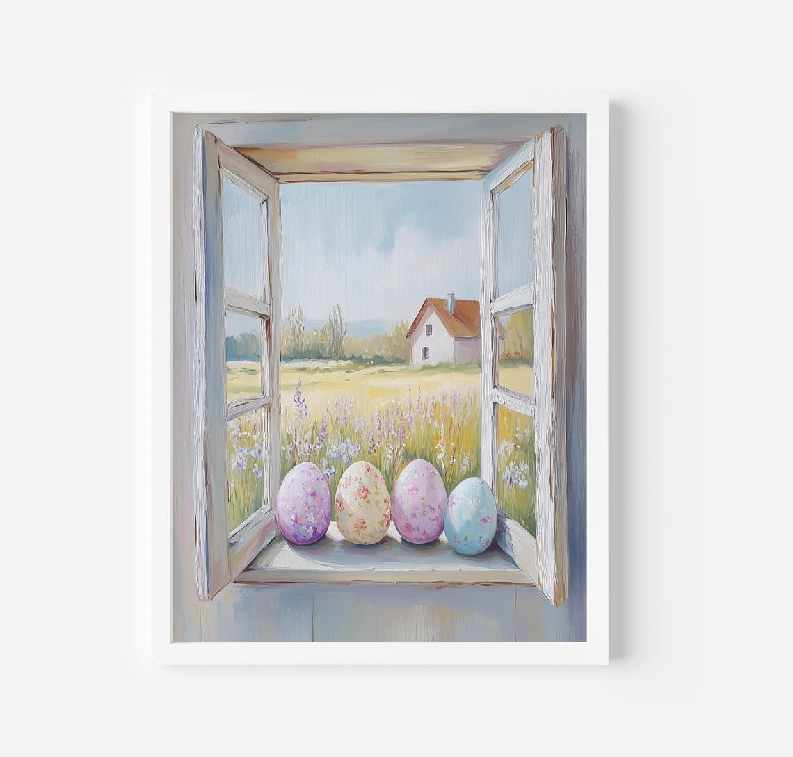 Easter Eggs Window View Art: Rustic Spring Landscape #445, Stretched ...
