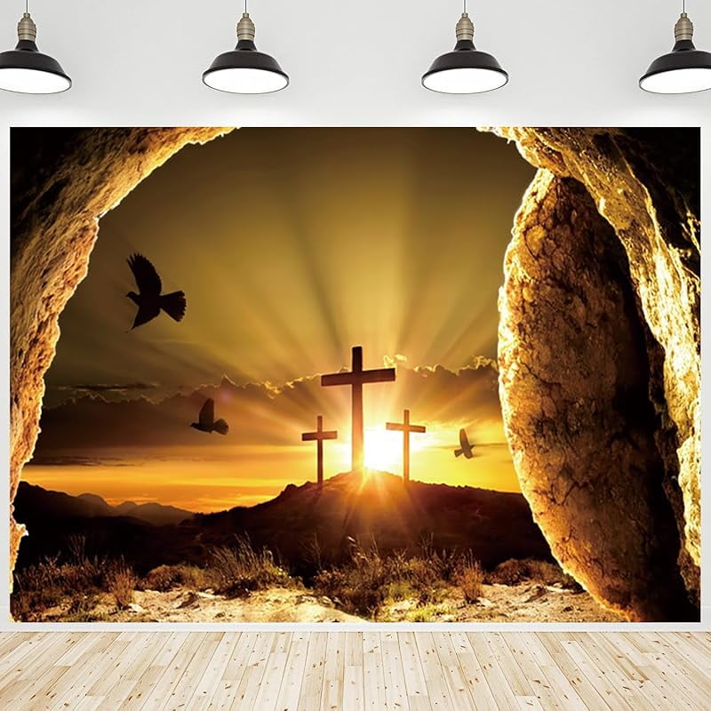 Easter Empty Tomb Backdrop He is Risen Jesus Christ Cross Stone Cave ...