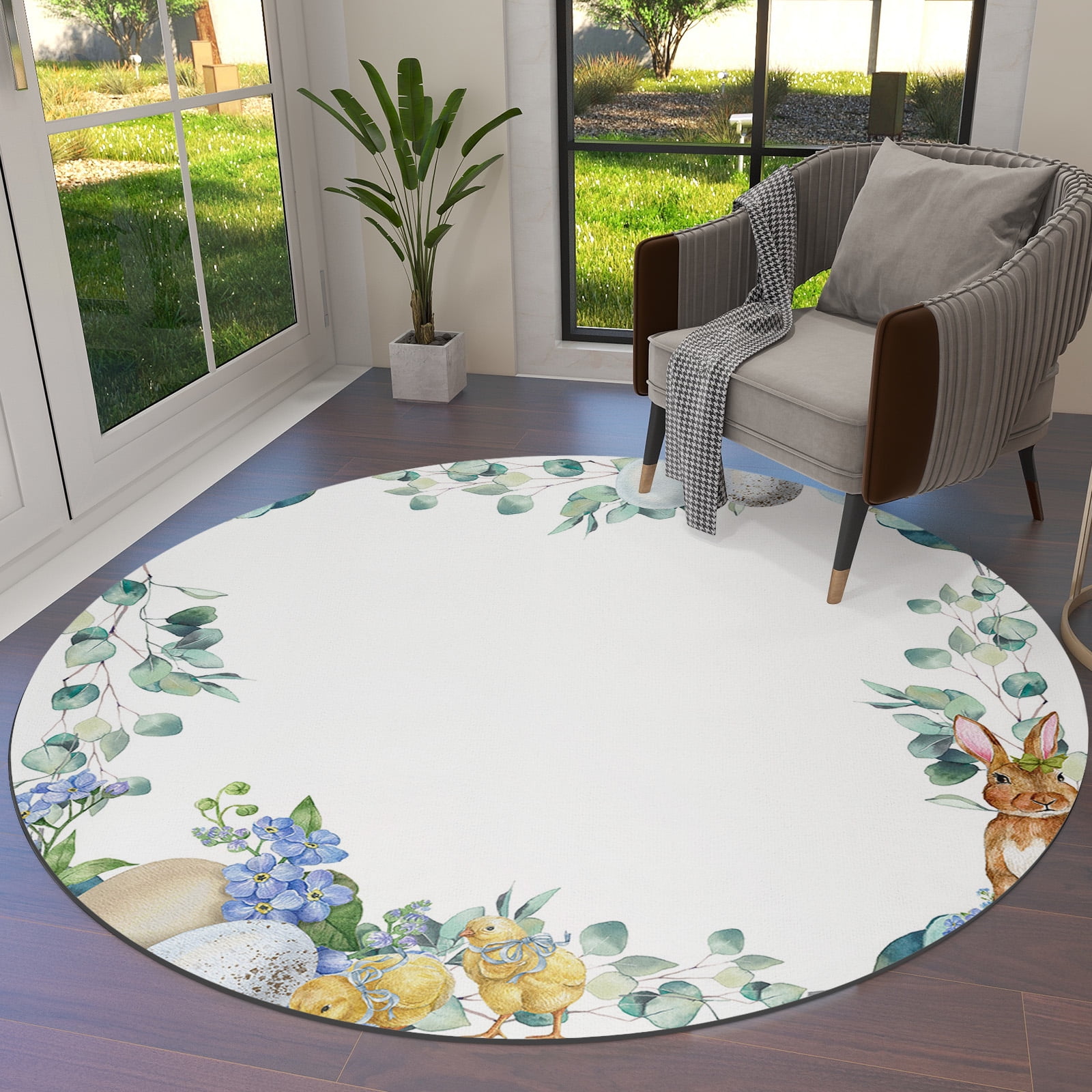 Easter Eucalyptus Leaves Chicken Flowers Round Area Rug Carpets For ...