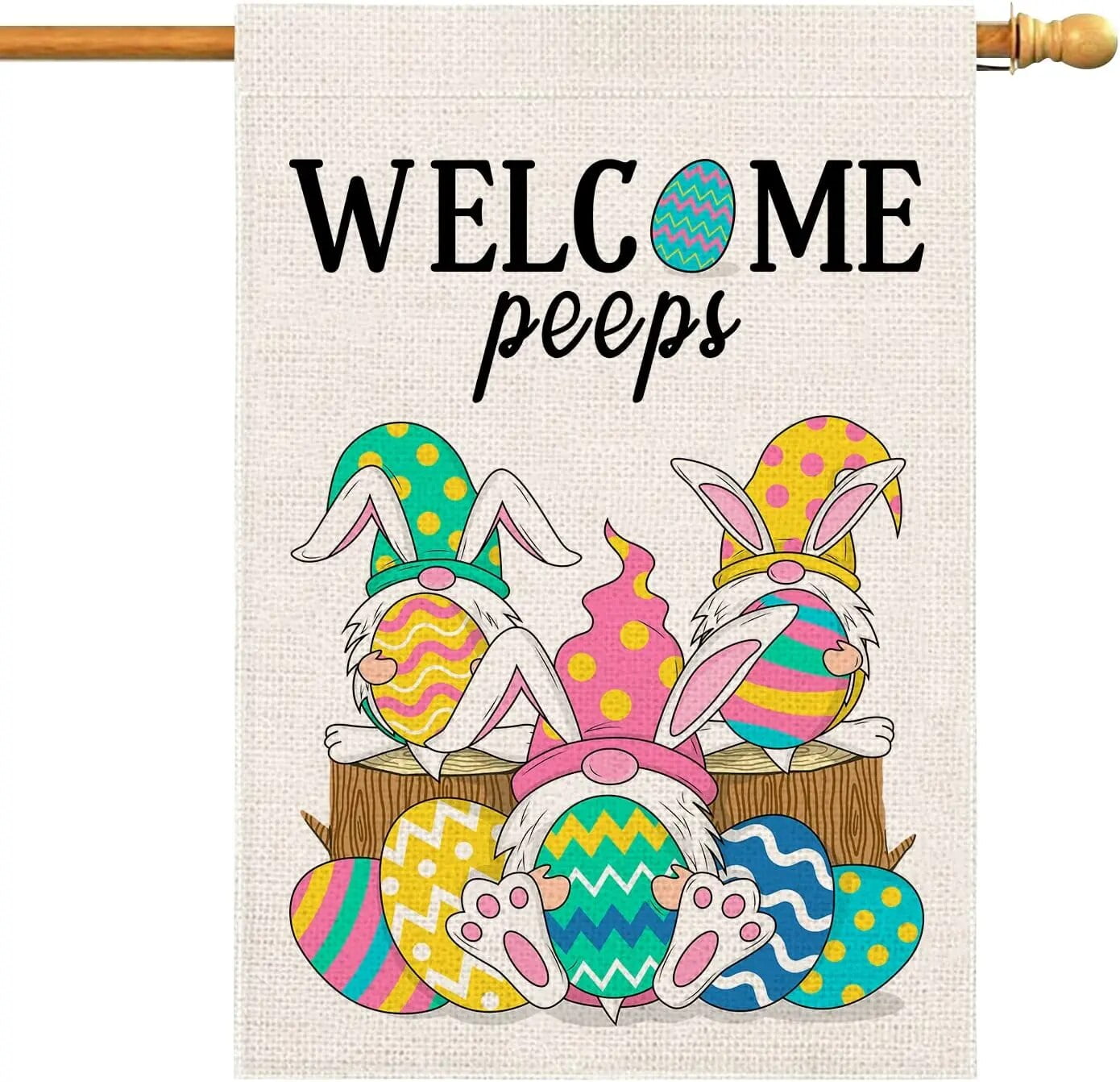 Easter Flag Welcome Peeps Bunny Gnomes Easter House Flags Large Burlap ...