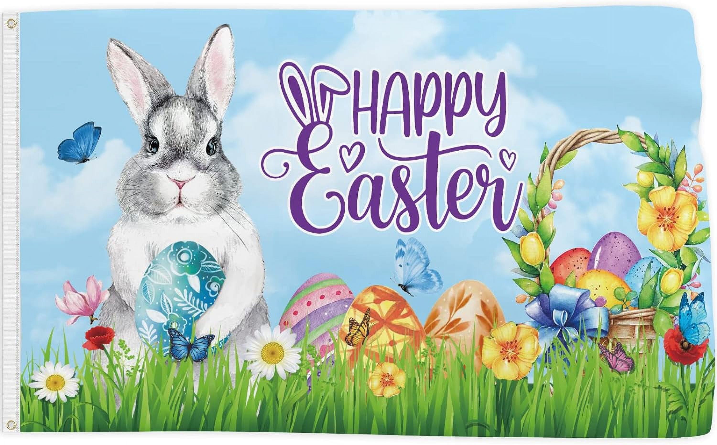 Easter Flags Double Printed Easter Decorations Bunny Rabbit Eggs Basket ...
