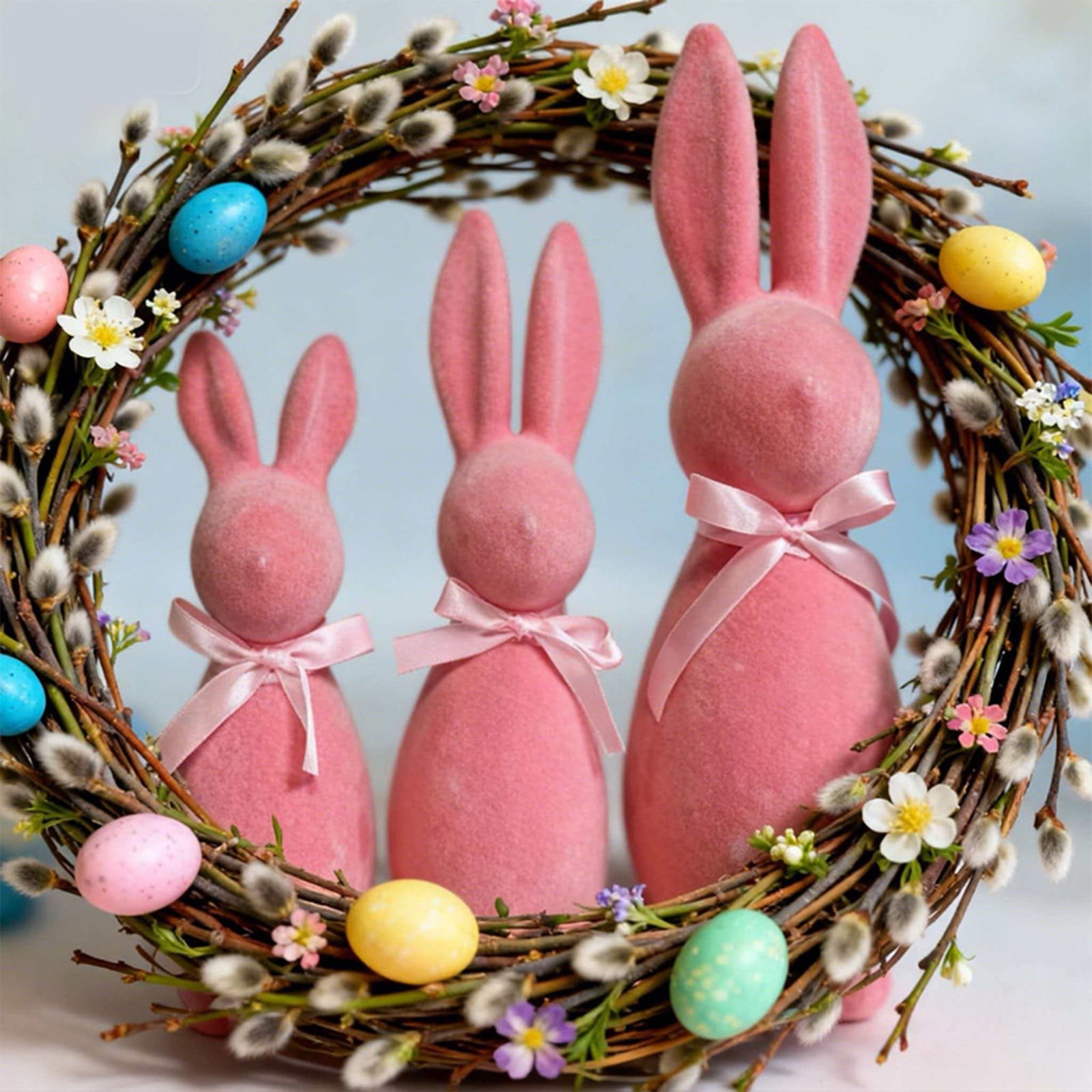 Easter Flocked Bow Standing Bunny Figurine - Plush Flocked Texture Soft ...