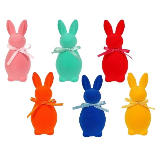 Easter Flocked Bunnies Figurine with Bows Tie Flocking Rabbit Tabletop ...