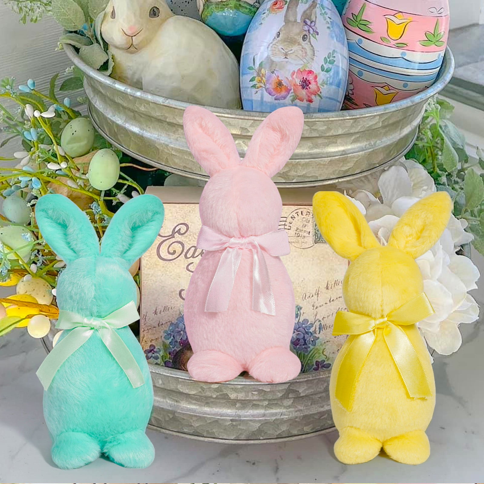 Easter Flocked Bunnies Figurine with Bows Tie Flocking Rabbit Tabletop ...
