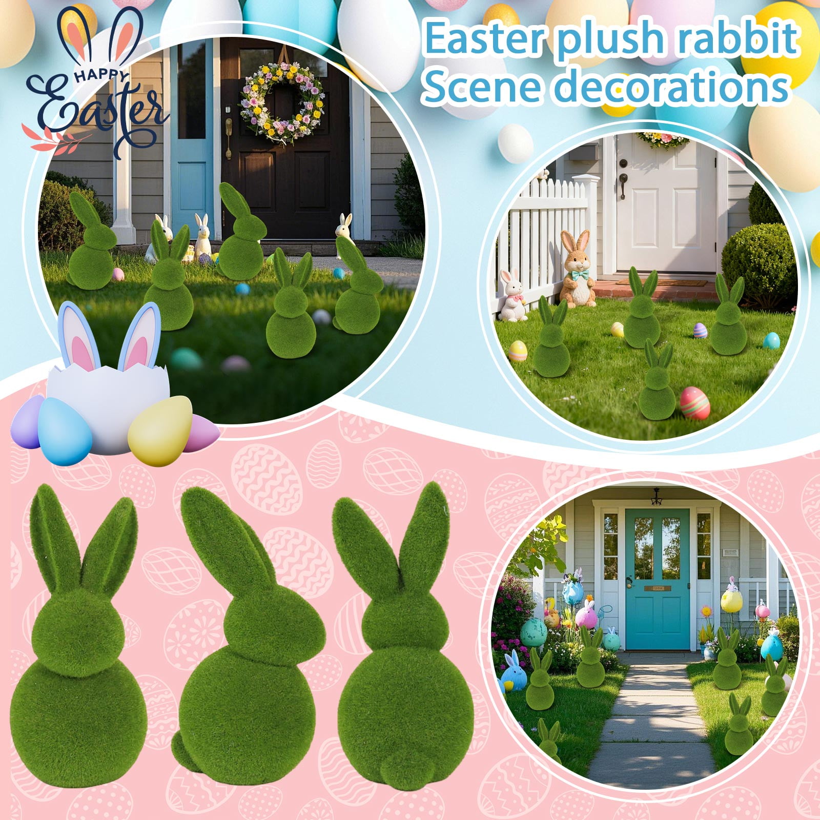 Easter Flocked Bunny Decor, Plush Green Rabbit Figurine For Easter Lawn ...