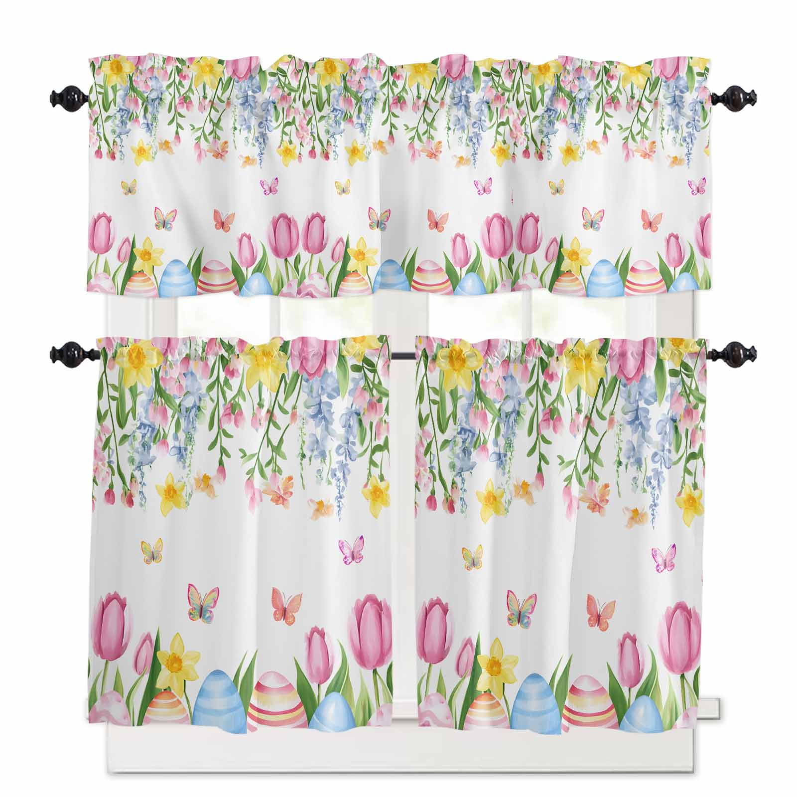 Easter Flower Kitchen Curtains Valances and Tiers Set of 3 Watercolor ...