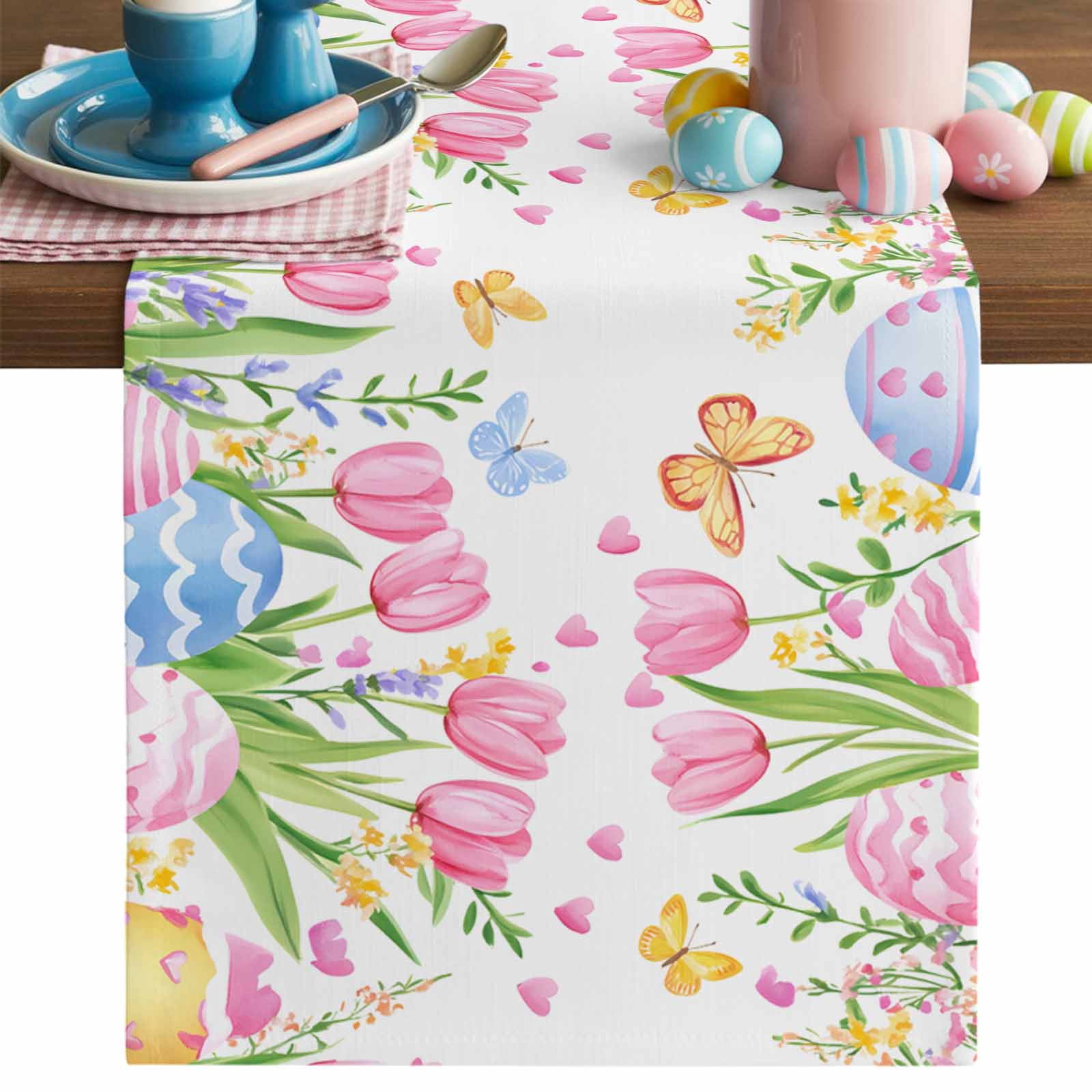 Easter Flower Table Runner, Watercolor Spring Pink Blue Tulip Floral ...