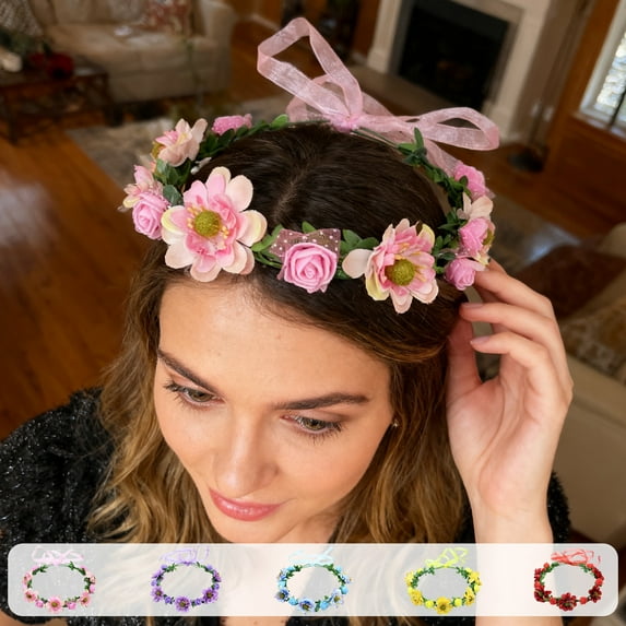 Easter Flower Wreath Headband - Artificial Flower & Green Leaf Hair ...