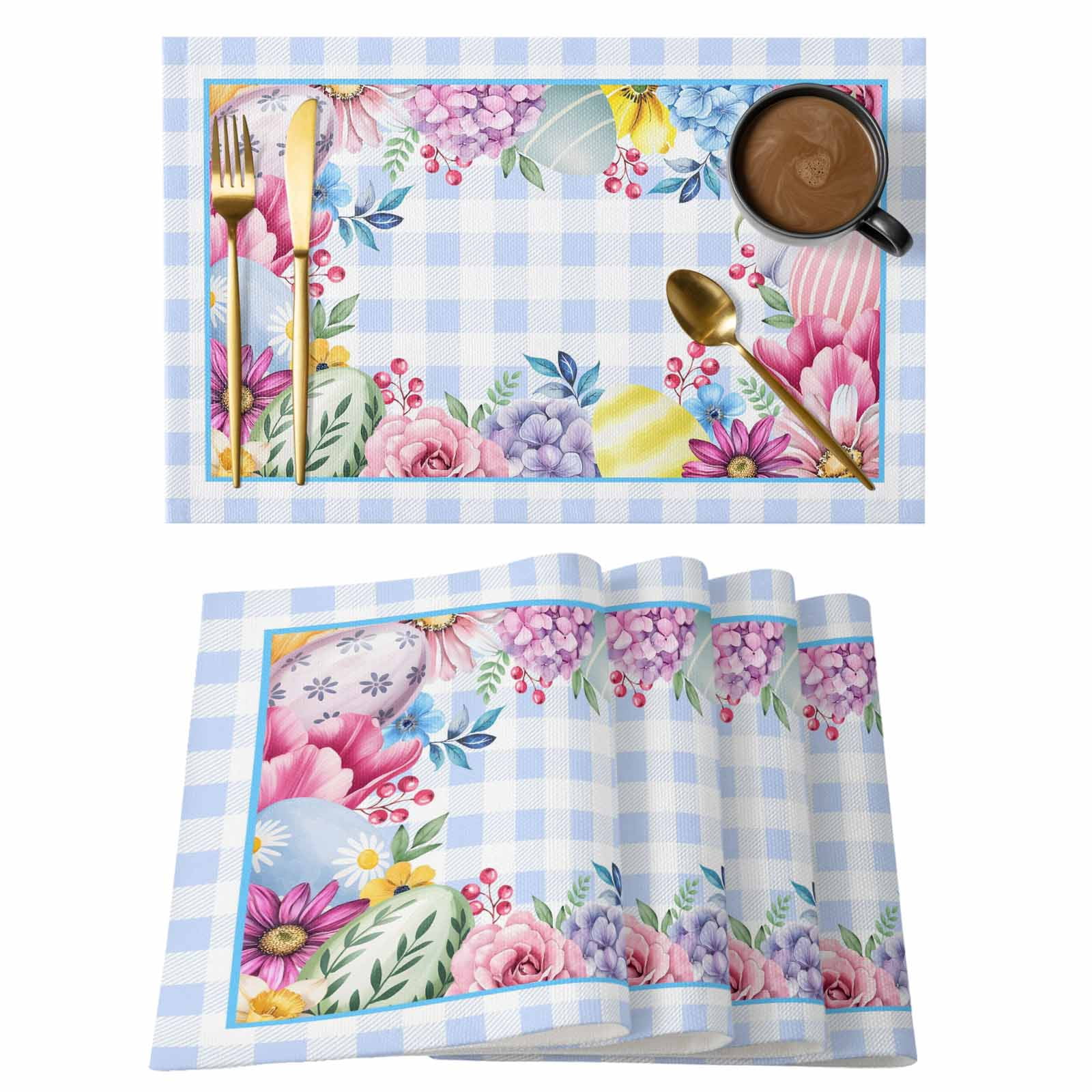 Easter Flowers Placemats Set of 6, Color Egg Pink Floral Roses ...
