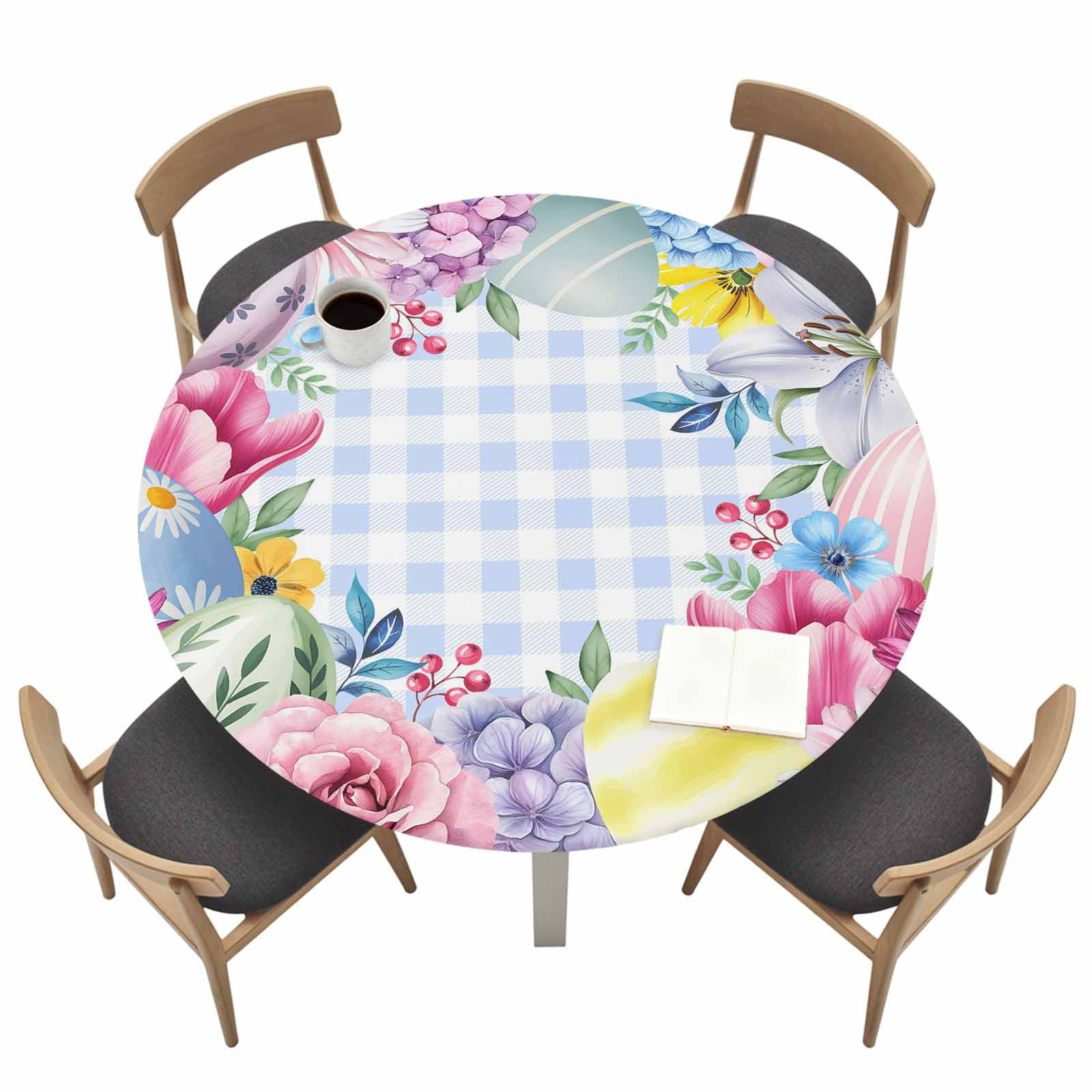 Easter Flowers Round Fitted Tablecloth with Elastic Edge Color Egg Pink ...