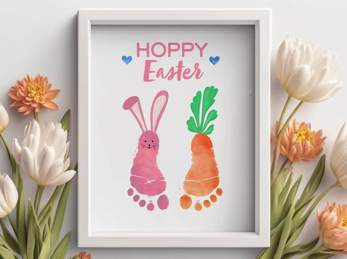 Easter Footprint Keepsake Art, For Kids Sibling Art, Diy Pink Easter ...