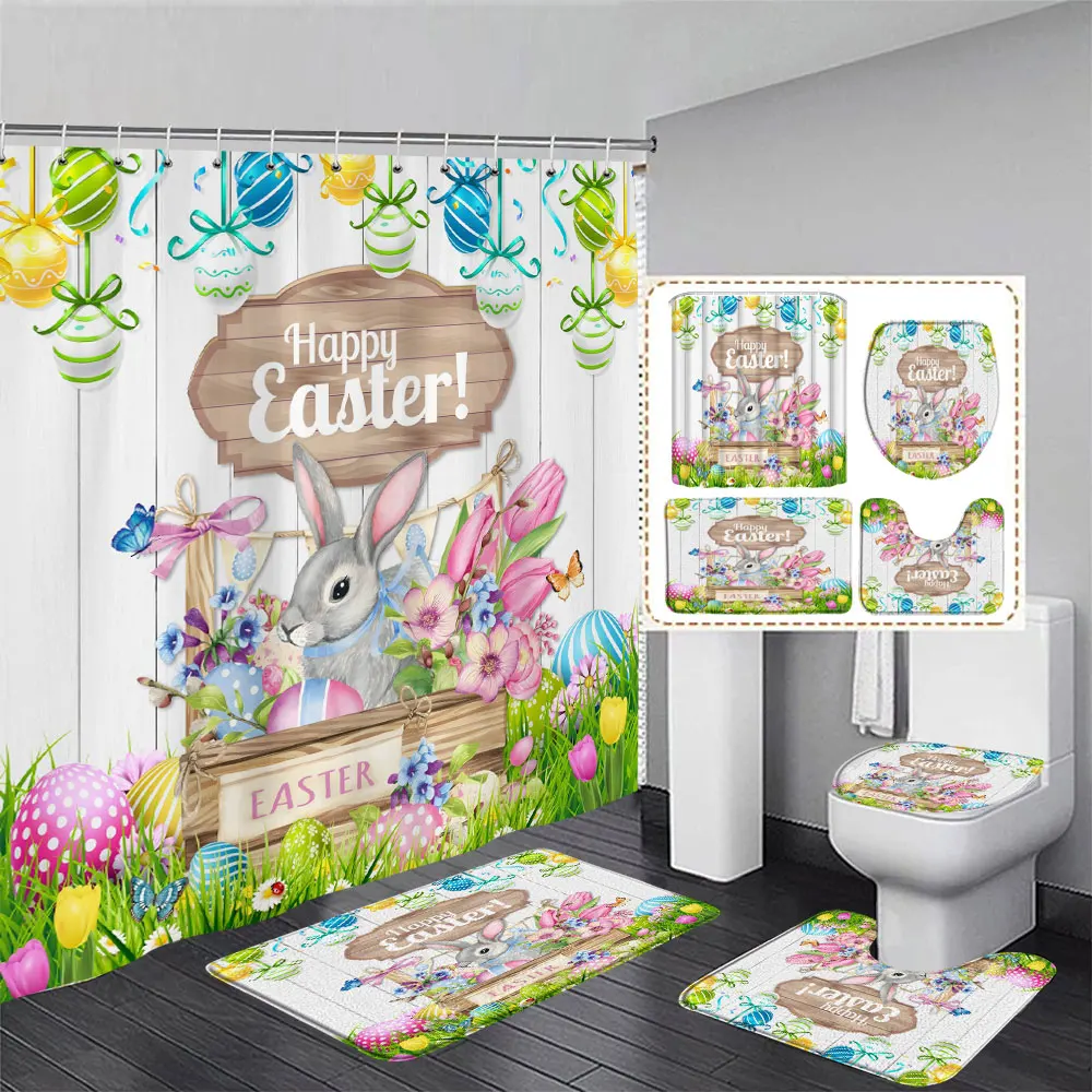 Easter Fun Bathroom Shower Curtain and Rug Set Happy Bunny Eggs ...