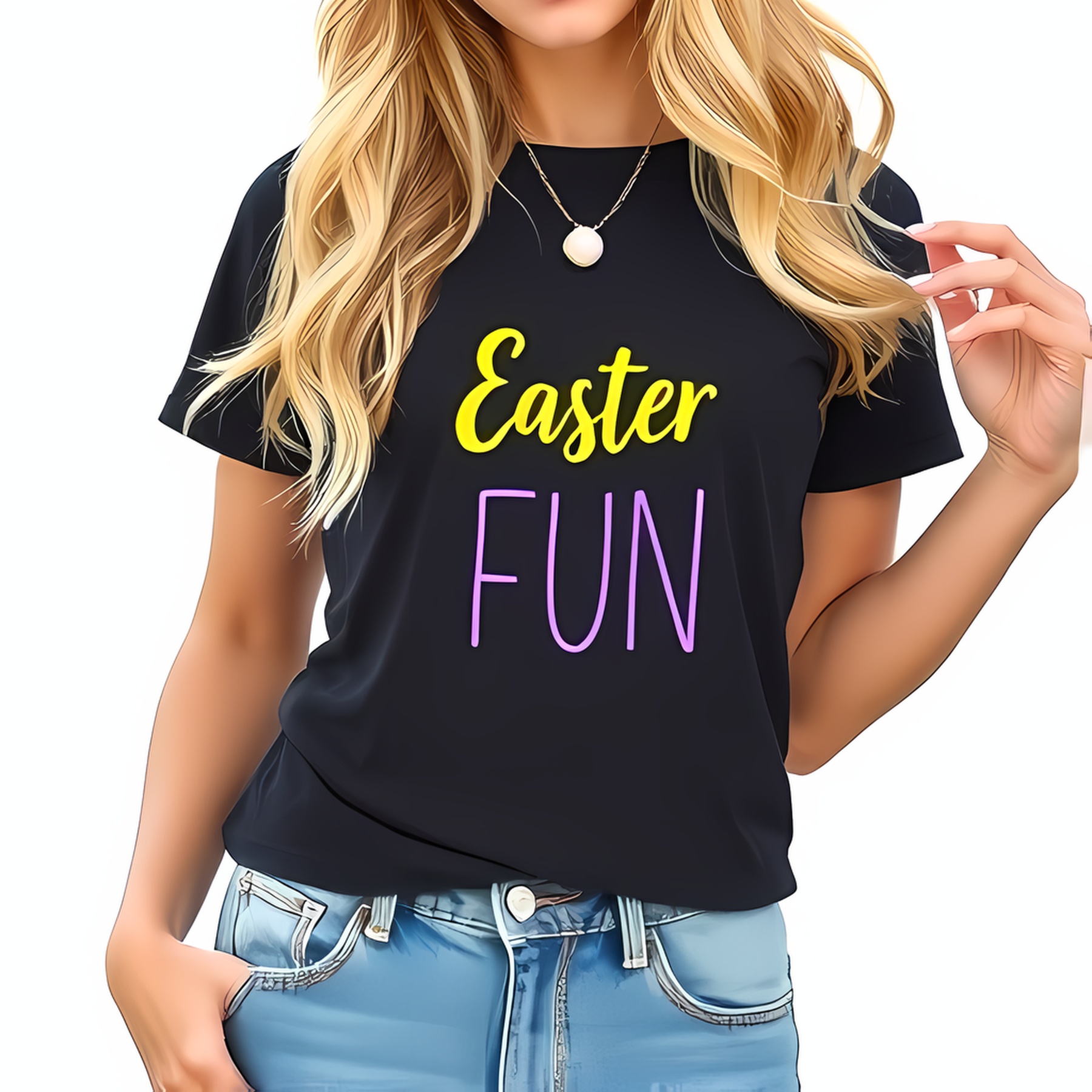 Easter Fun T-Shirt for Women - Black Crew Neck Tee with Yellow & Purple ...