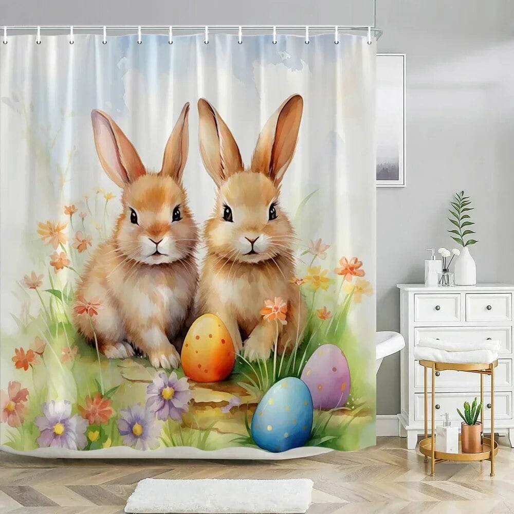 Easter Funny Bathroom Shower Curtain Happy Rabbit Bunny Waterproof