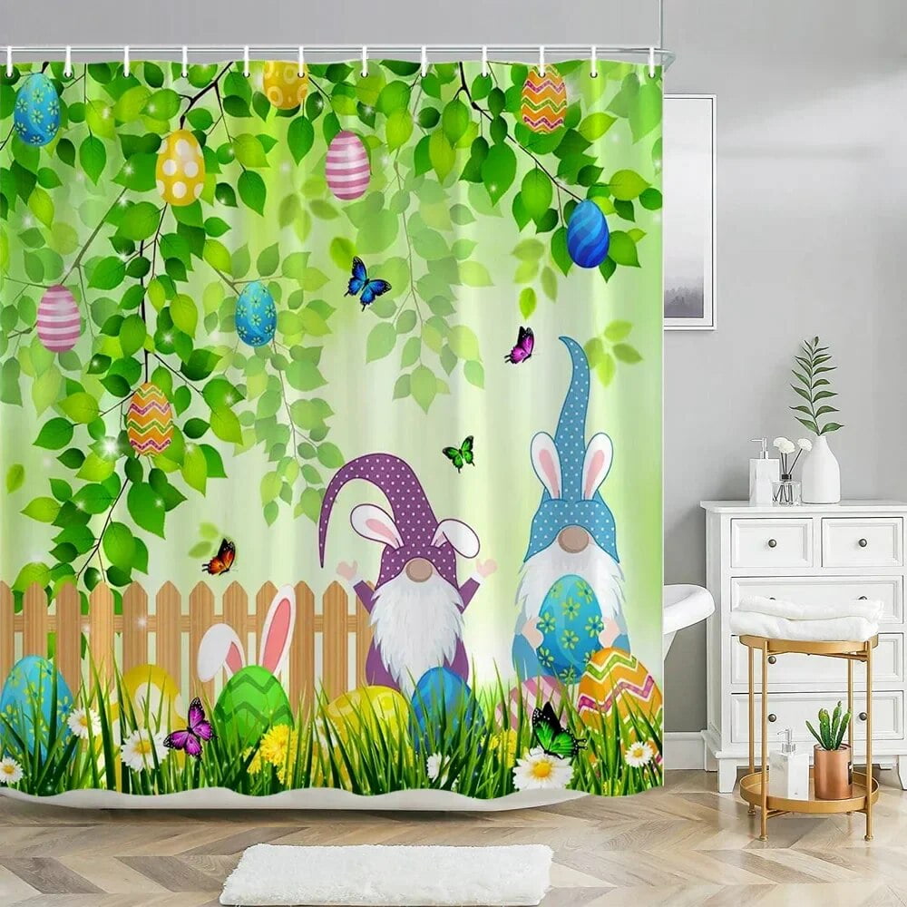 Easter Funny Bathroom Shower Curtain Happy Rabbit Bunny Waterproof