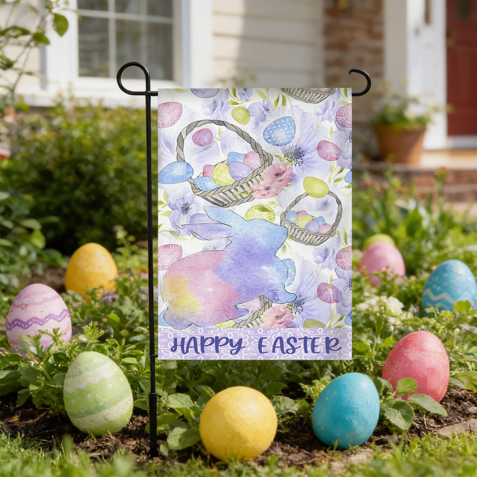 Easter Garden Flag with Cute Rabbits Eggs Design Outdoor Party ...