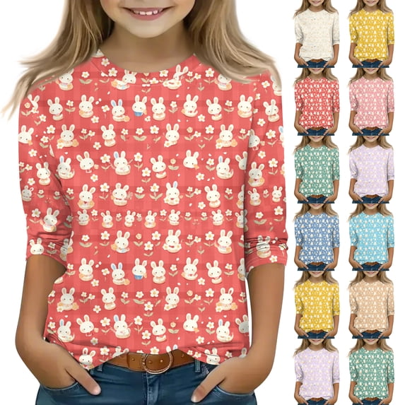 Easter Gift Tops for Kids Bunny Rabbit Print 3/4 Length Sleeve Round ...