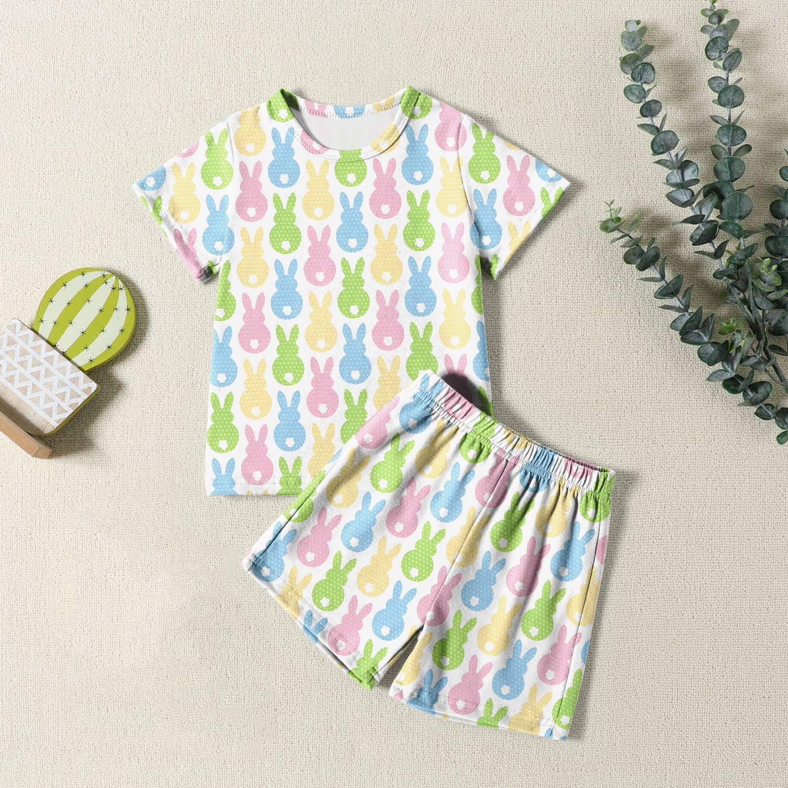 Easter Girls Pajamas Set Cute Bunny Outfit Crewneck Short Sleeve T ...