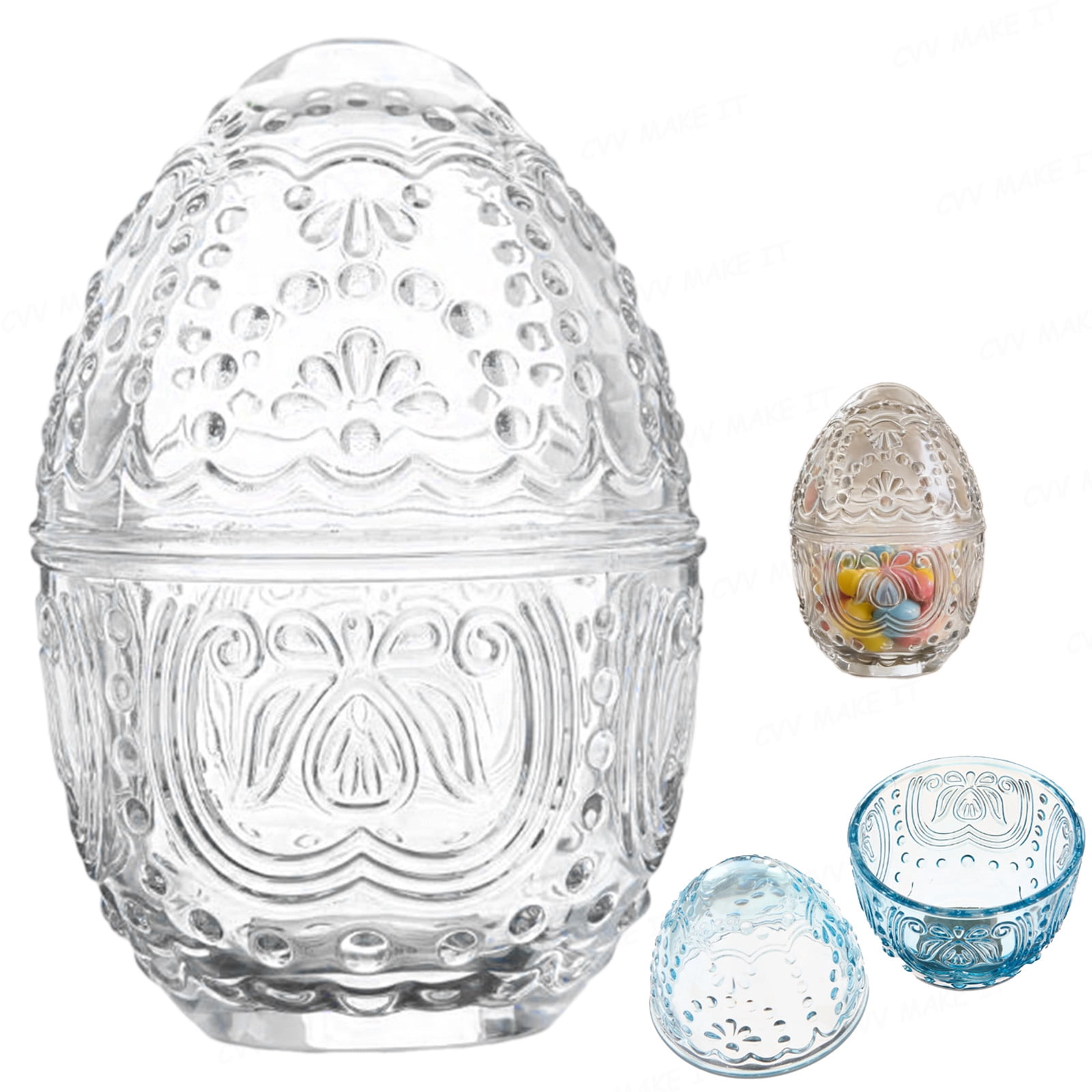 Easter Glass Egg Candy Dish 5.5" Embossed Lidded Jar for Treats & Decor ...