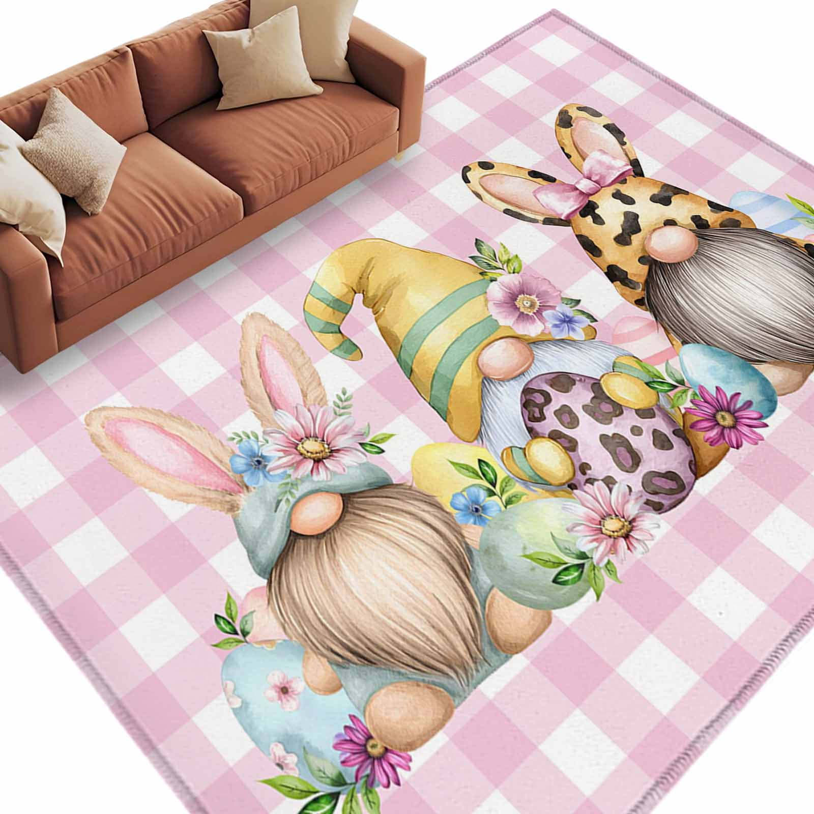 Easter Gnome Area Rugs 5x8ft Spring Gnome Eggs Floral Pink White Plaid ...