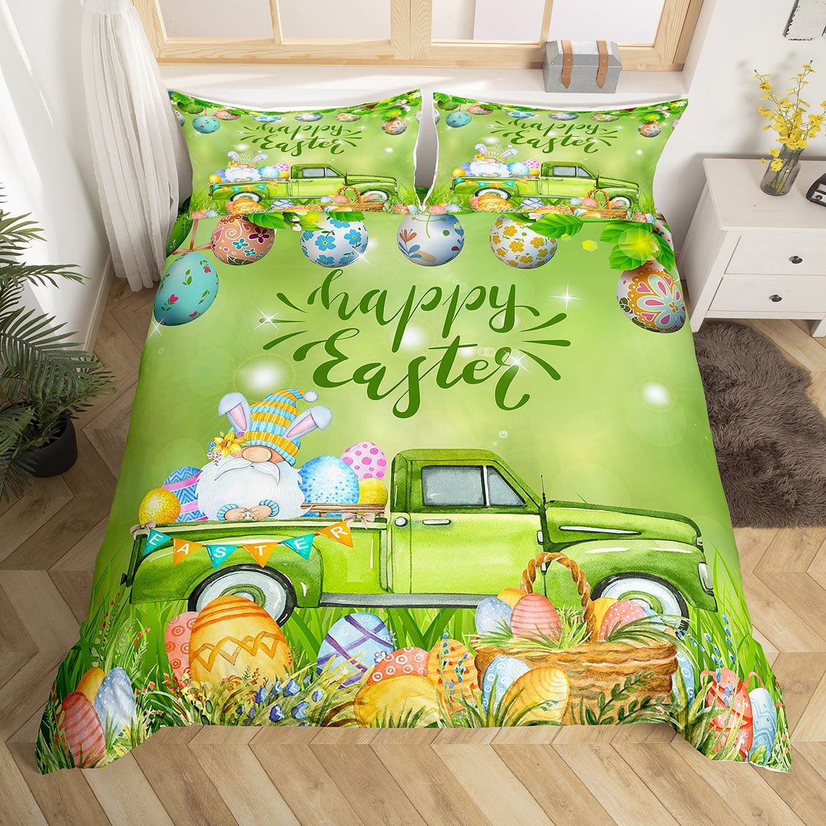 Easter Gnome Duvet Cover Green Farm Truck Bedding Set Happy Easter ...
