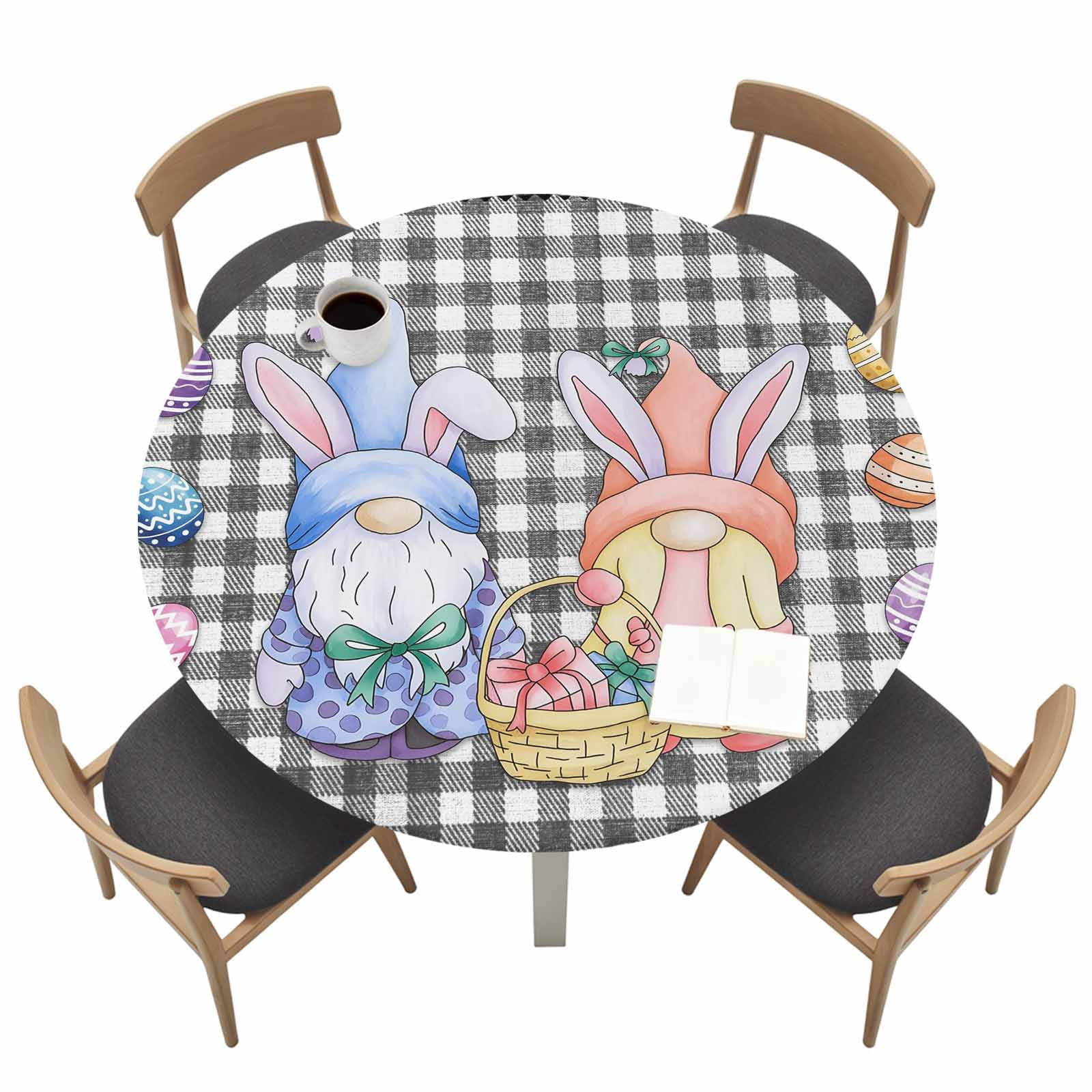 Easter Gnome Round Fitted Tablecloth with Elastic Edge Colored Eggs ...