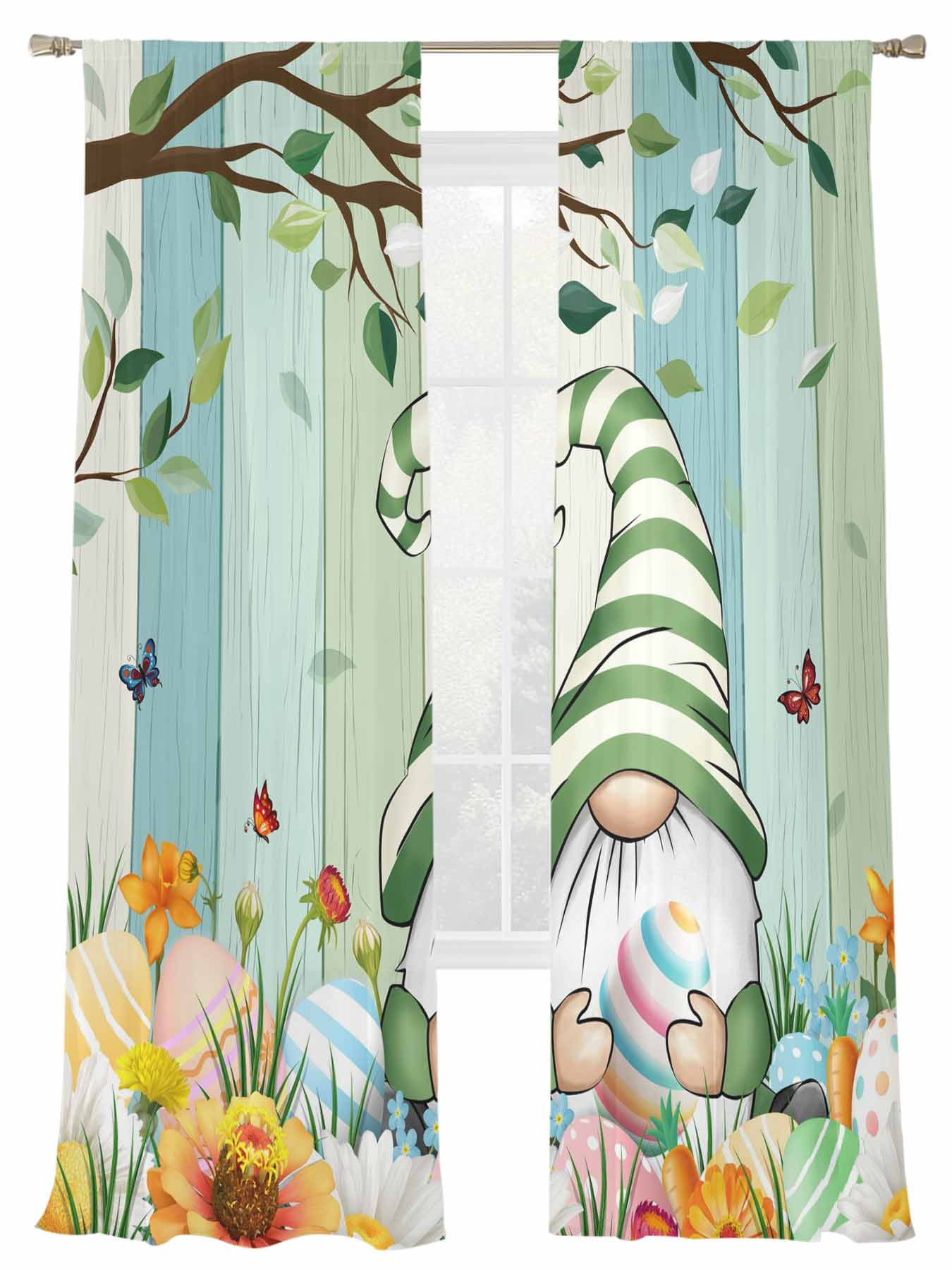 Easter Gnome Sheer Curtains 2 Panels Set Daisy Flower Color Egg Branch ...