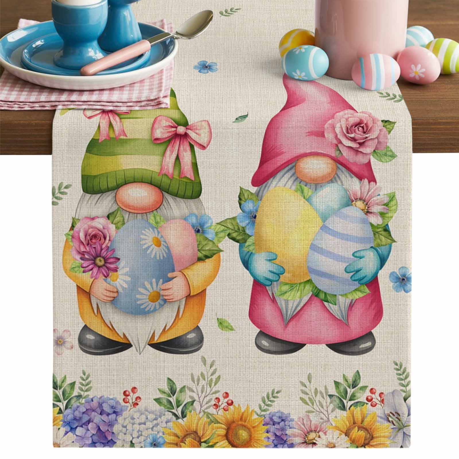 Easter Gnome Table Runner, Sunflower Blue Hydrangea Flowers Butterflies ...