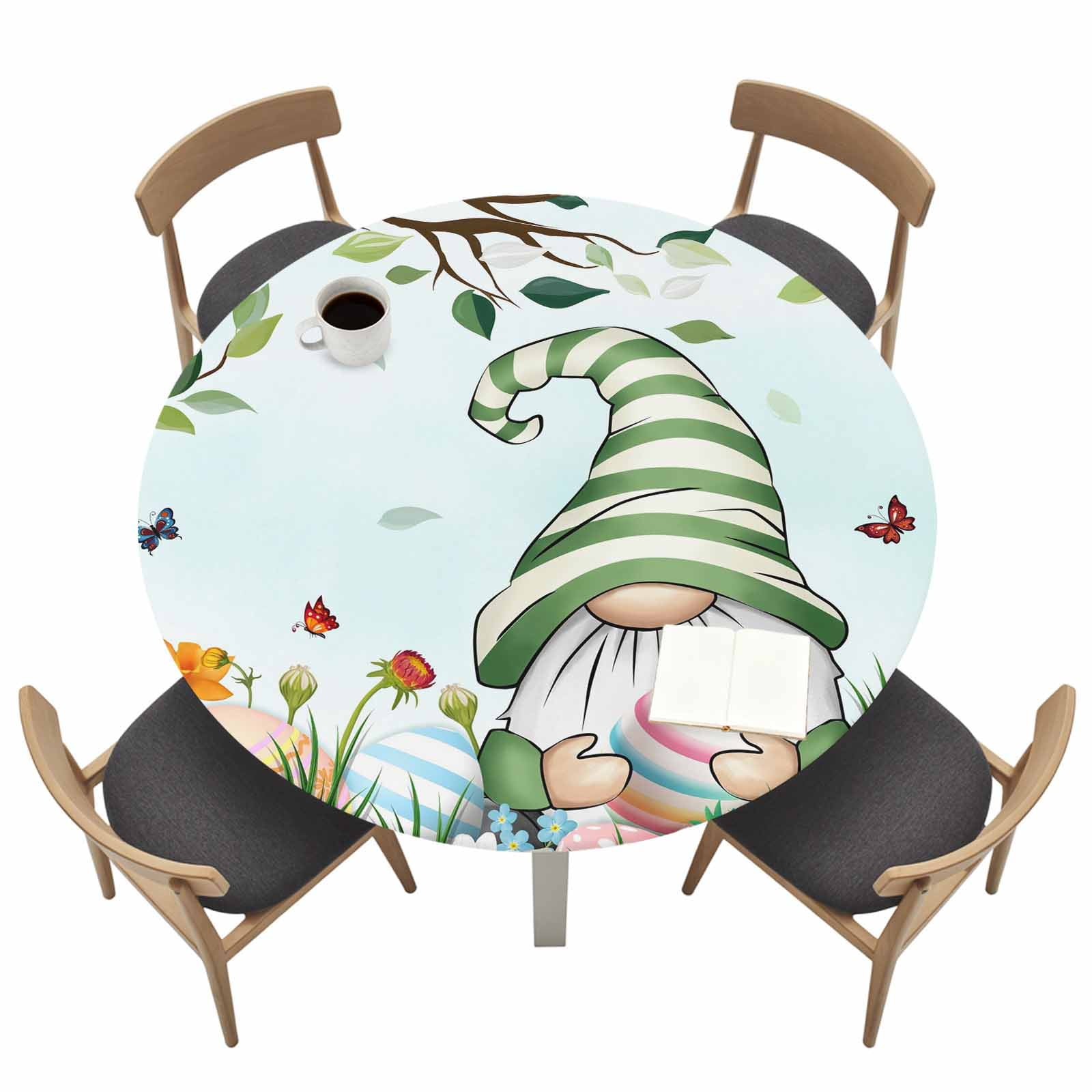 Easter Gnomes Eggs Round Fitted Tablecloth with Elastic Edge Spring Flower Leaves Branch Teal ...