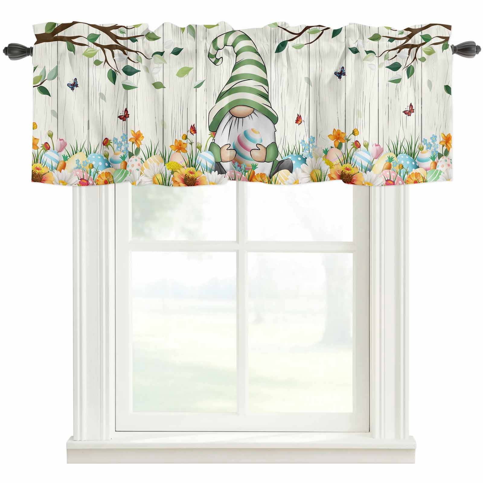 Easter Gnomes Rod Pocket Curtain Valance, Spring Watercolor Eggs Flower ...
