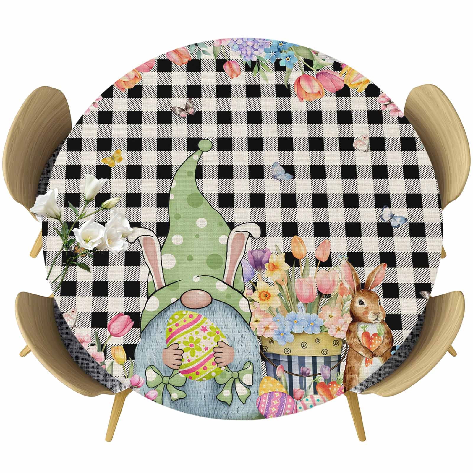 Easter Gnomes Round Tablecloth, Fitted Table Cover with Elastic for 36 ...