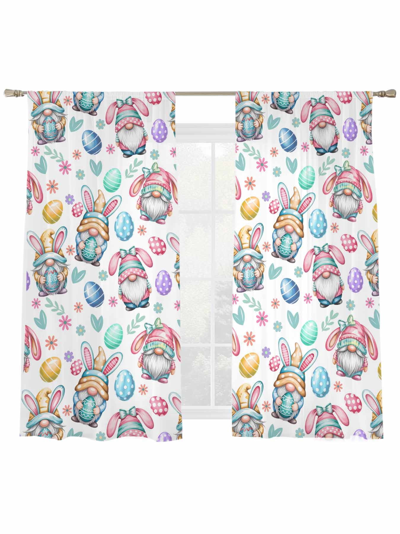 Easter Gnomes Sheer Curtains 2 Panels Set Watercolor Easter Eggs Rabbit ...