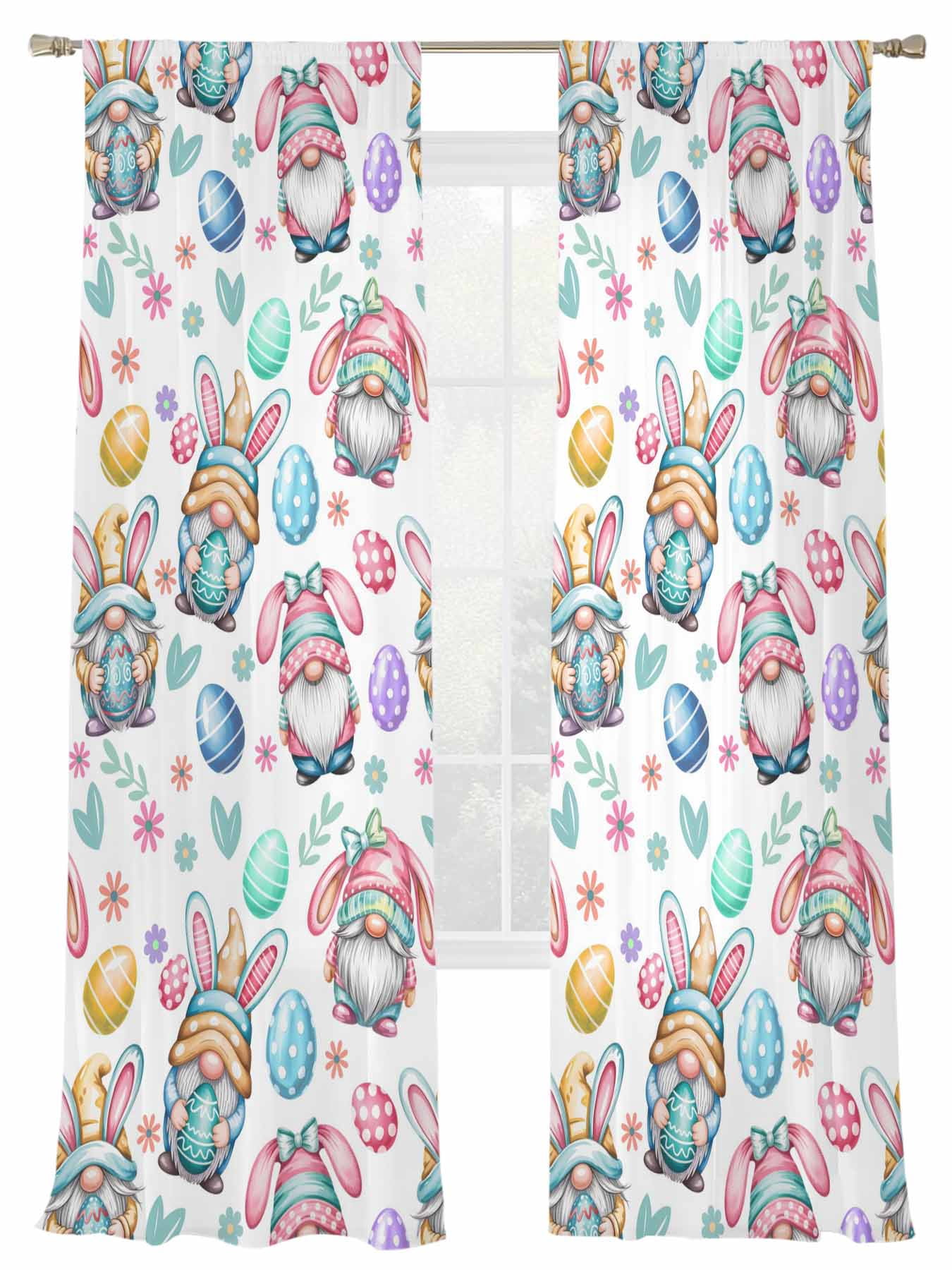 Easter Gnomes Sheer Curtains 2 Panels Set Watercolor Easter Eggs Rabbit ...