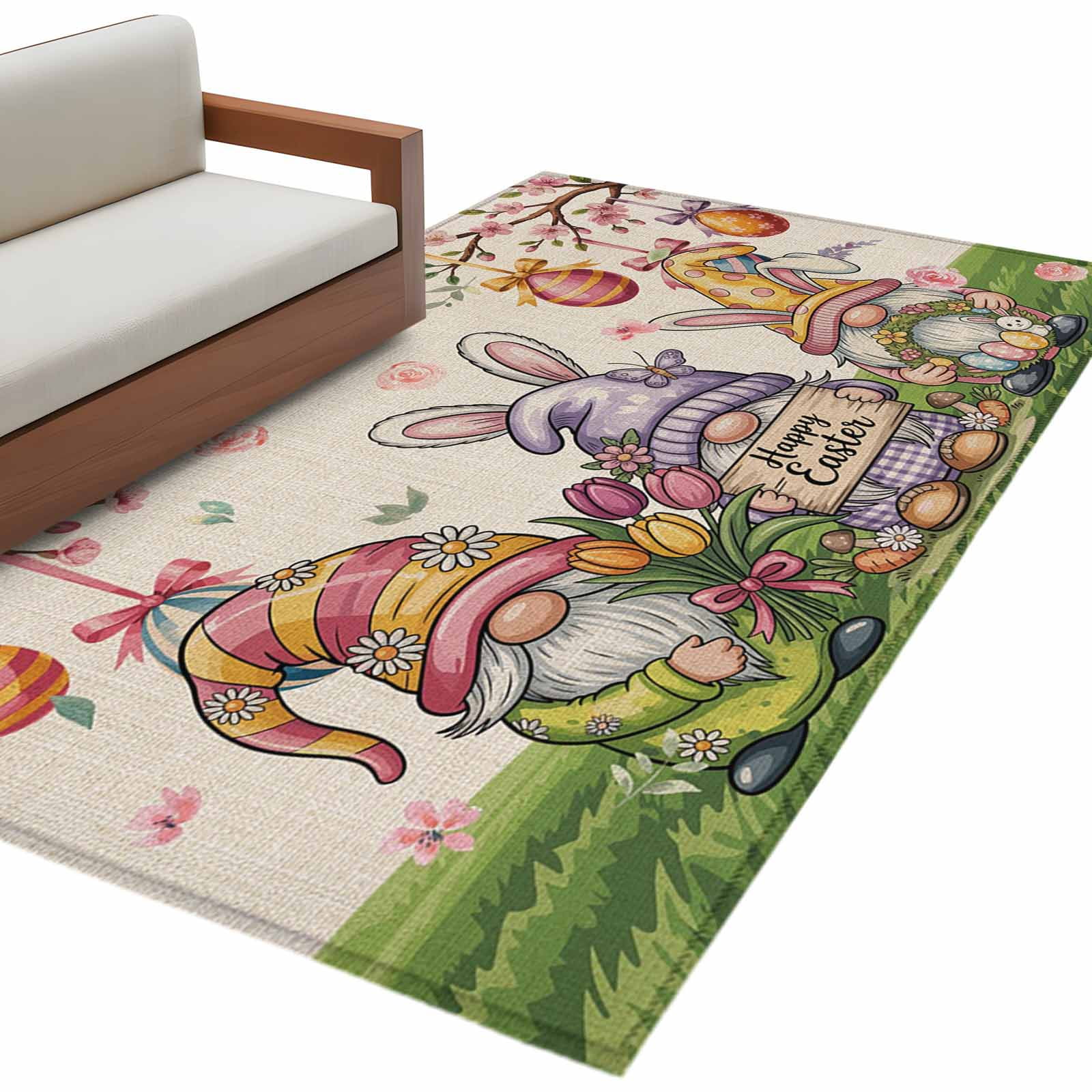 Easter Gnomes Washable Area Rug 4 x 6 ft Spring Watercolor Eggs Floral ...