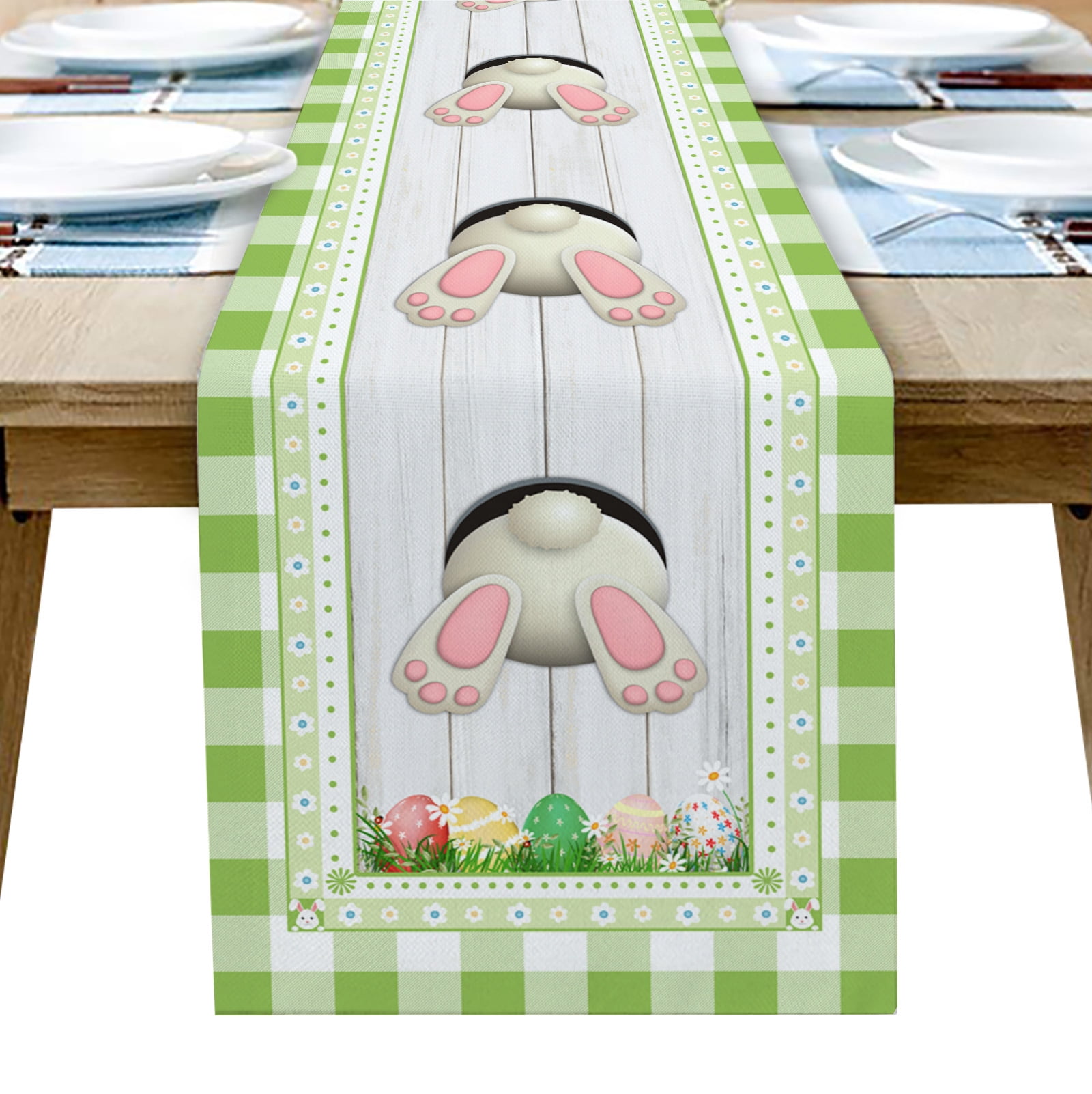 Easter Green Plaid Bunny Egg Table Runner Wedding Table ration Home r ...